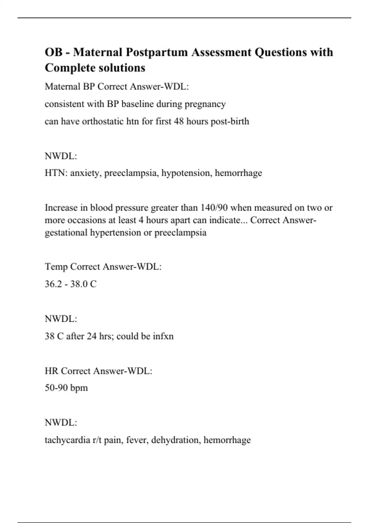 OB - Maternal Postpartum Assessment Questions with Complete solutions ...