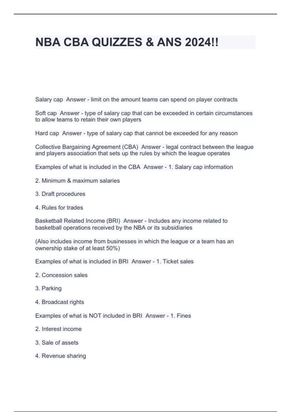 NBA CBA QUIZZES & ANS 2024!! - NBA CBA - Stuvia US