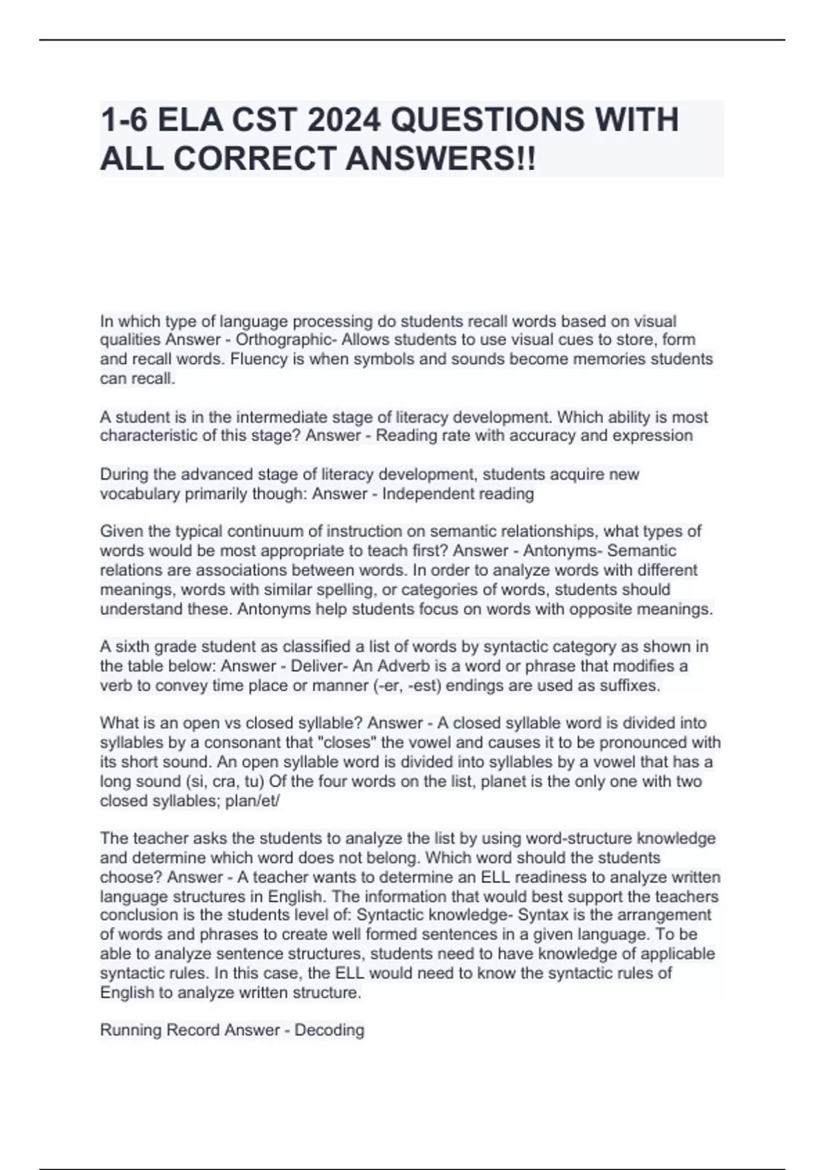 1-6 ELA CST 2024 QUESTIONS WITH ALL CORRECT ANSWERS!! - ELA CST - Stuvia US