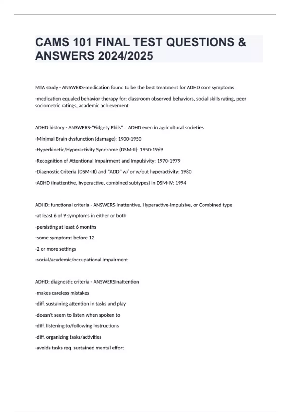 CAMS 101 FINAL TEST QUESTIONS & ANSWERS 2024/2025 - CAMS 101 - Stuvia US