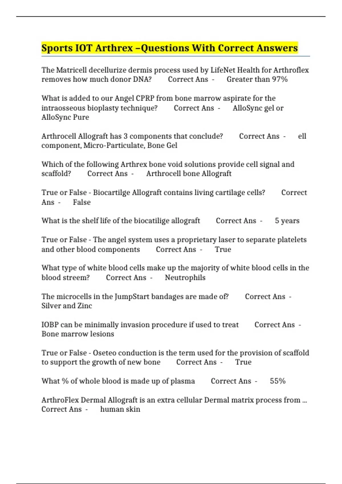 Sports IOT Arthrex –Questions With Correct Answers - Arthrex - Stuvia US