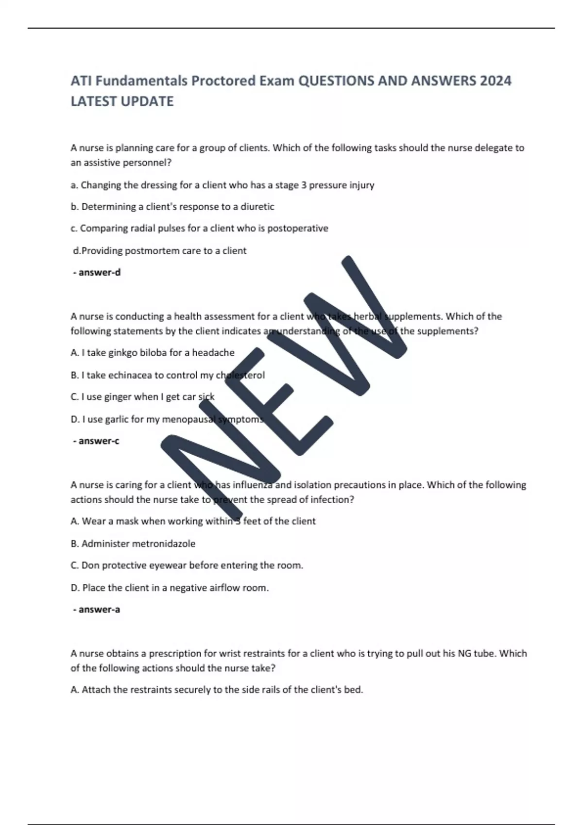 ATI Fundamentals Proctored Exam QUESTIONS AND ANSWERS 2024 LATEST ...