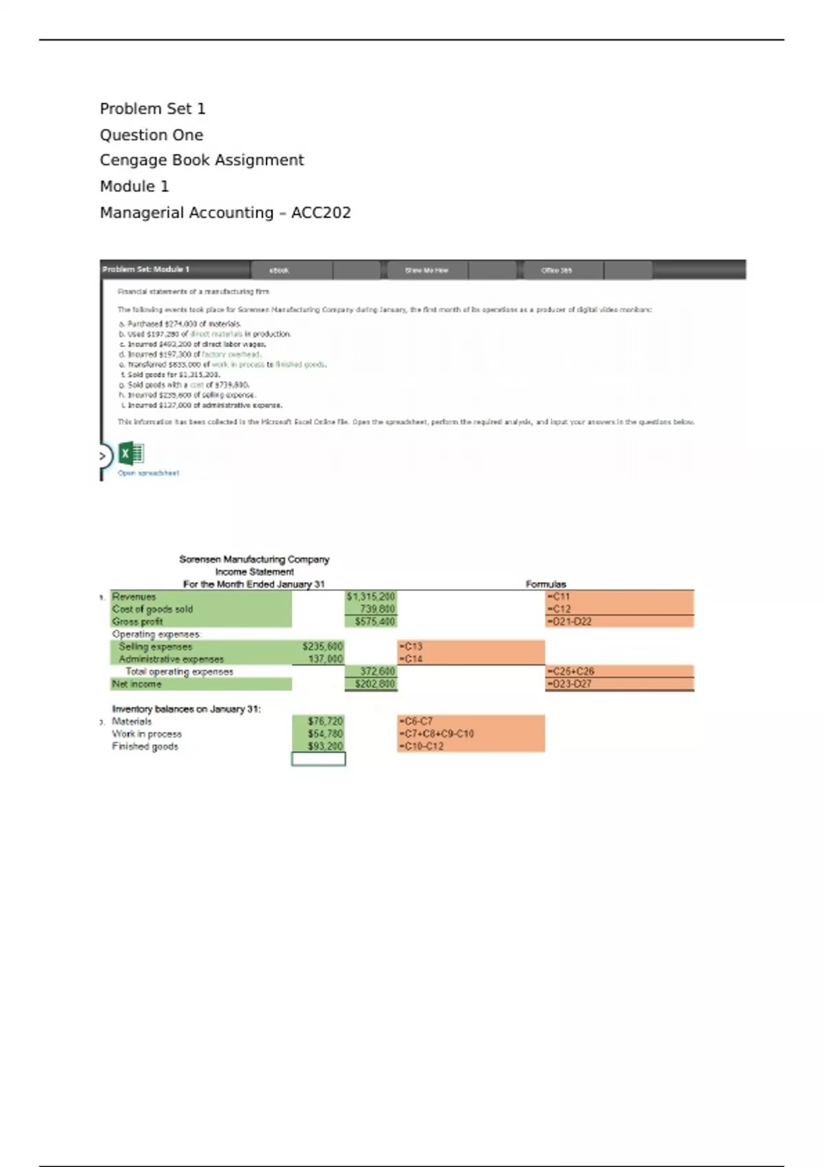 Problem Set 1: Question 1: Cengage Book Assignment: ACC202 - ACC 202 ...