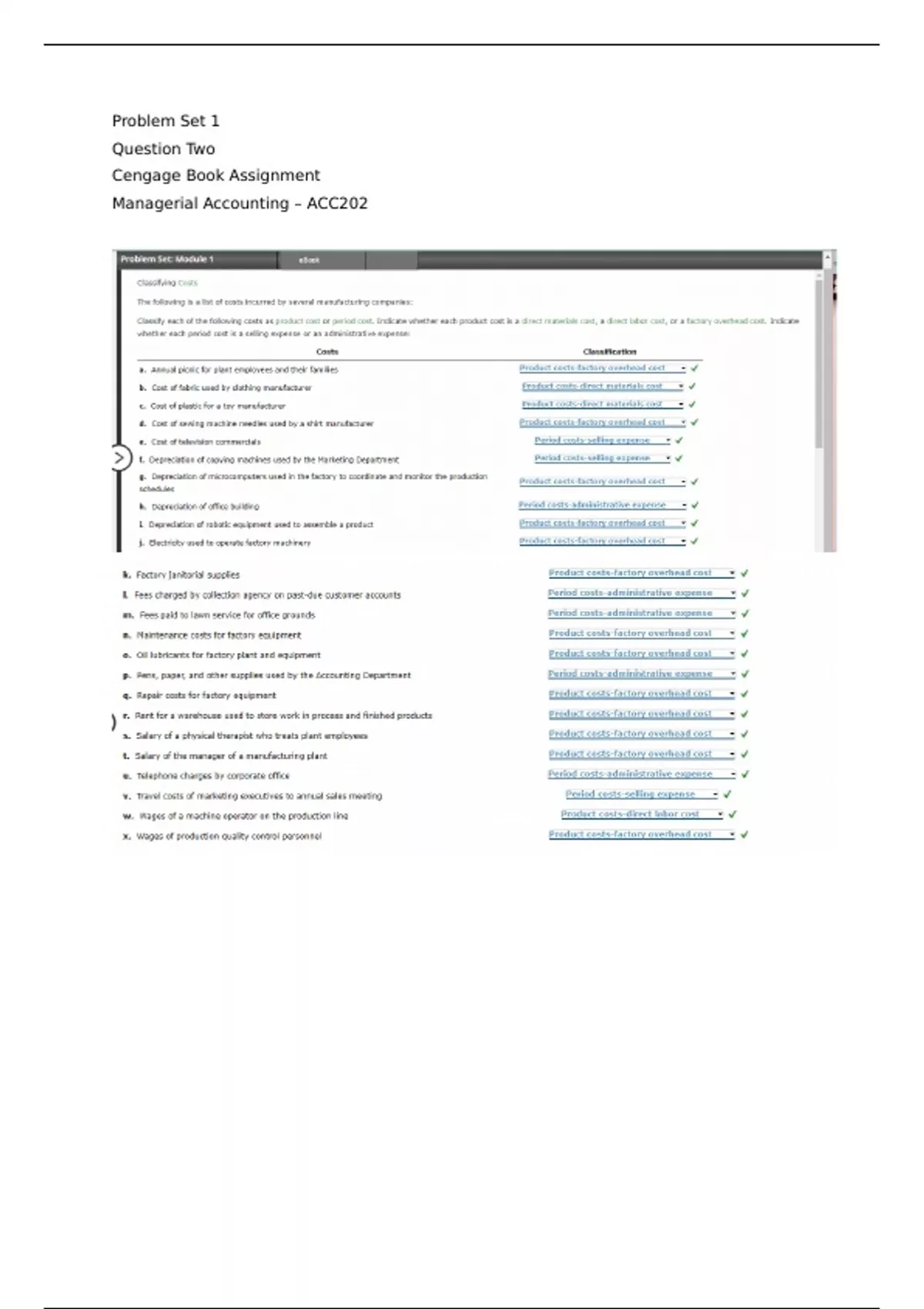Problem Set 1: Question 2: Cengage Book Work: ACC202 - ACC 202 - Stuvia US