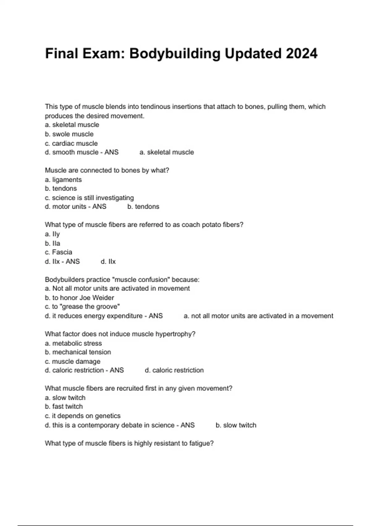 Final Exam: Bodybuilding Updated 2024 Questions With Correct Answers - NASM Physique and ...