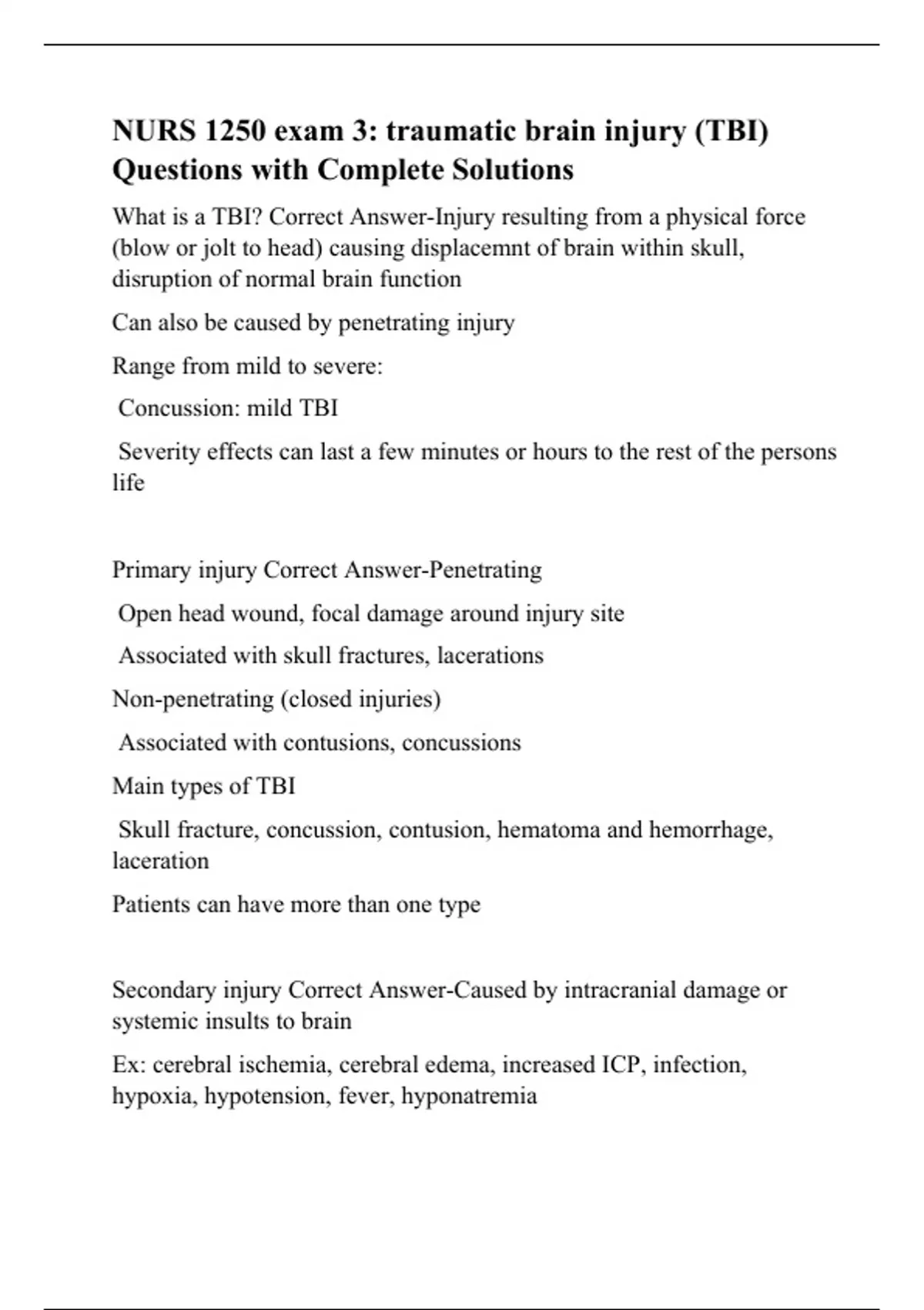 NURS 1250 exam 3: traumatic brain injury (TBI) Questions with Complete ...