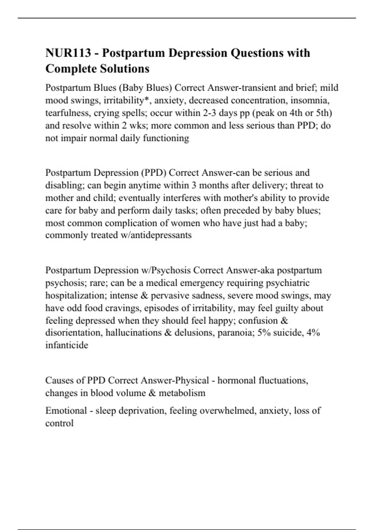 NUR113 - Postpartum Depression Questions with Complete Solutions - NUR ...