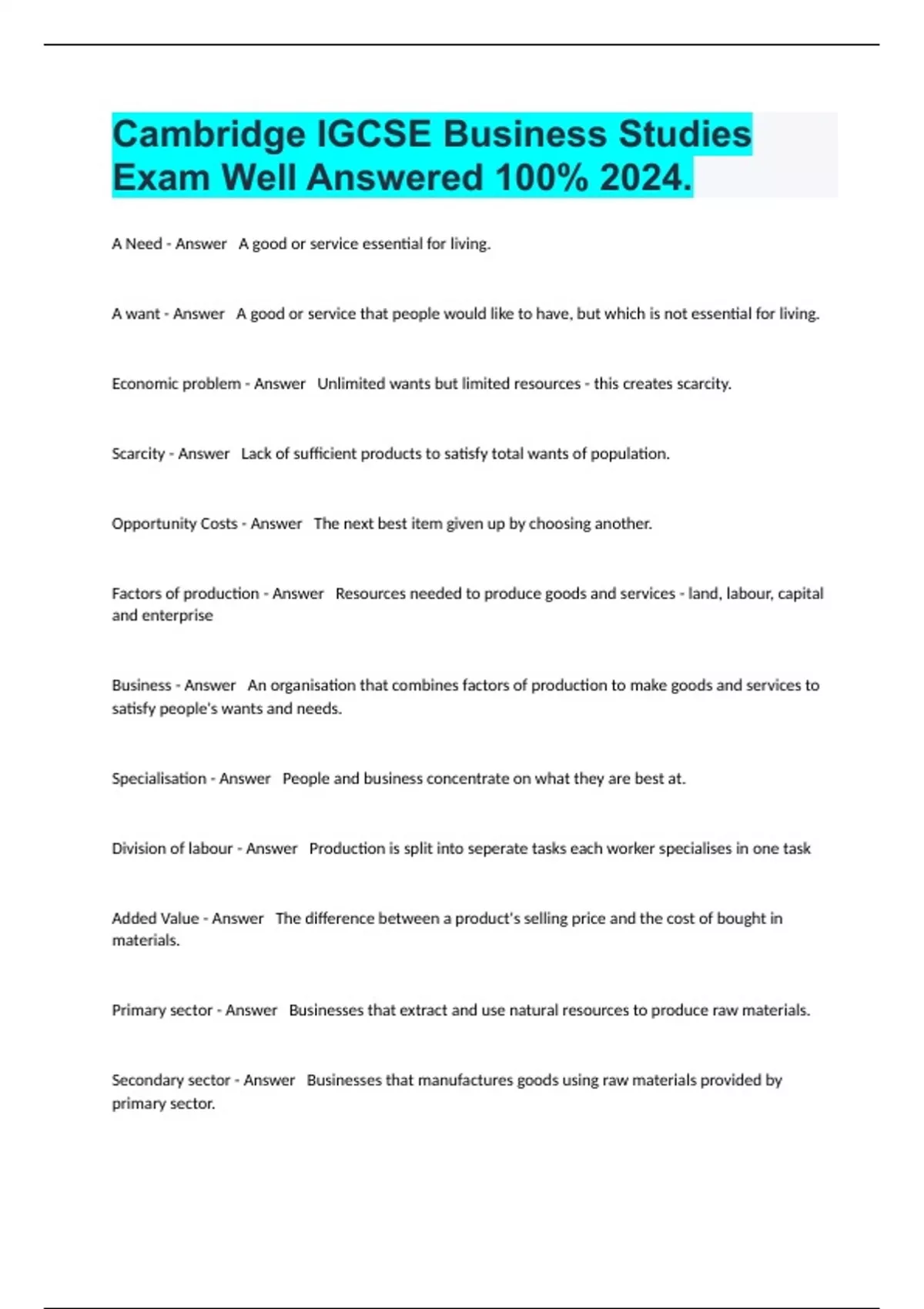 Cambridge IGCSE Business Studies Exam Well Answered 100% 2024 ...