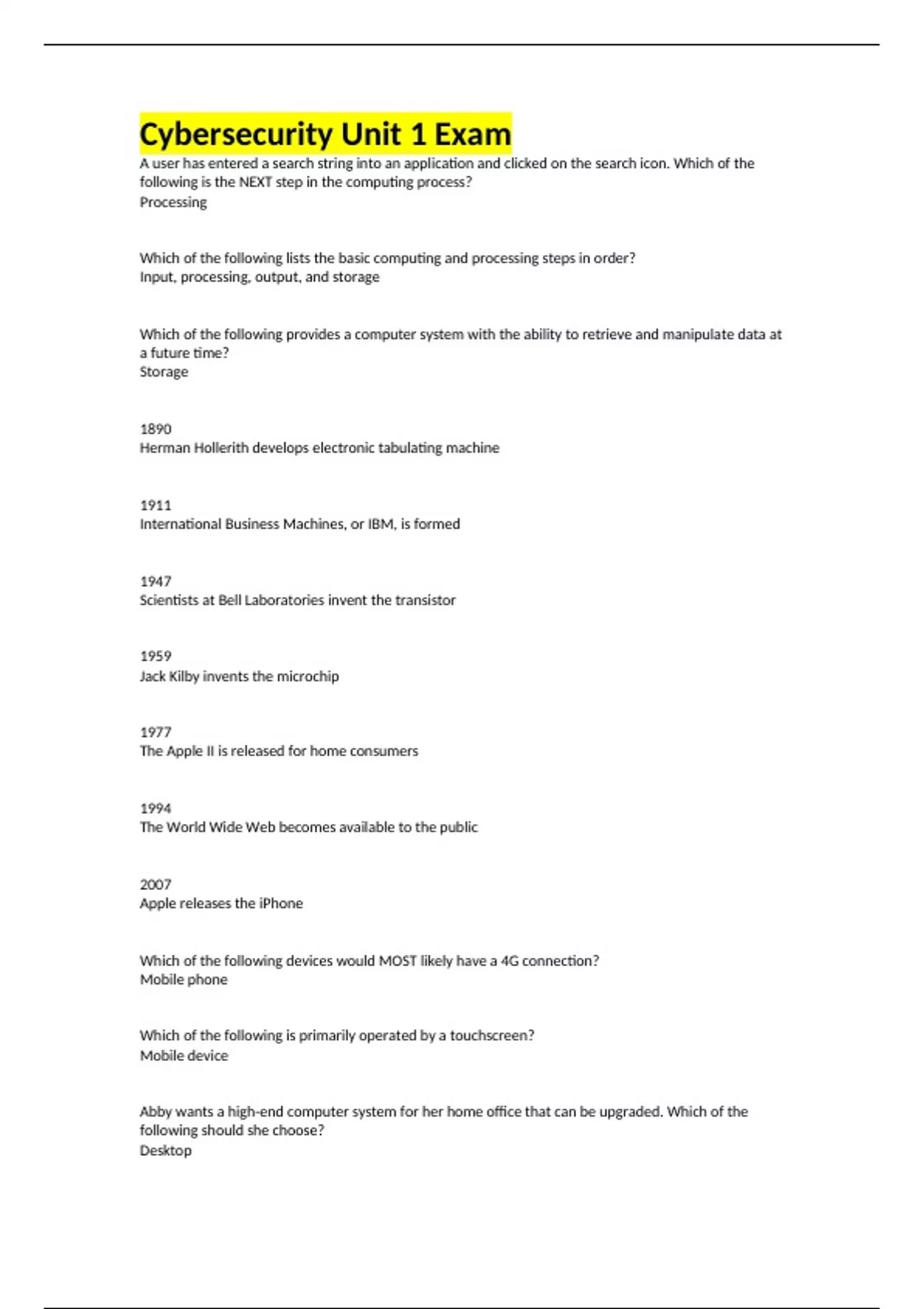 Cybersecurity Unit 1 Exam A Upgraded 2024 - Cybersecurity - Stuvia US