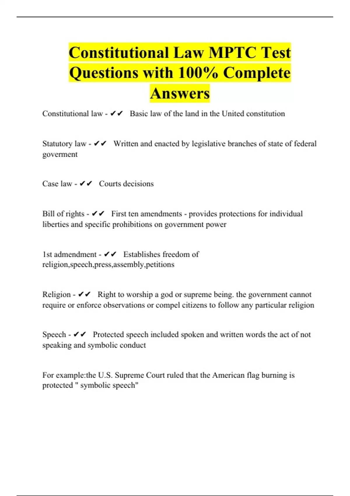 Constitutional Law MPTC Test Questions with 100% Complete Answers ...