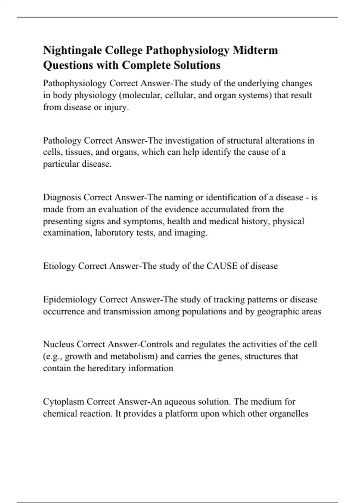 Nightingale College Pathophysiology Midterm Questions with Complete ...