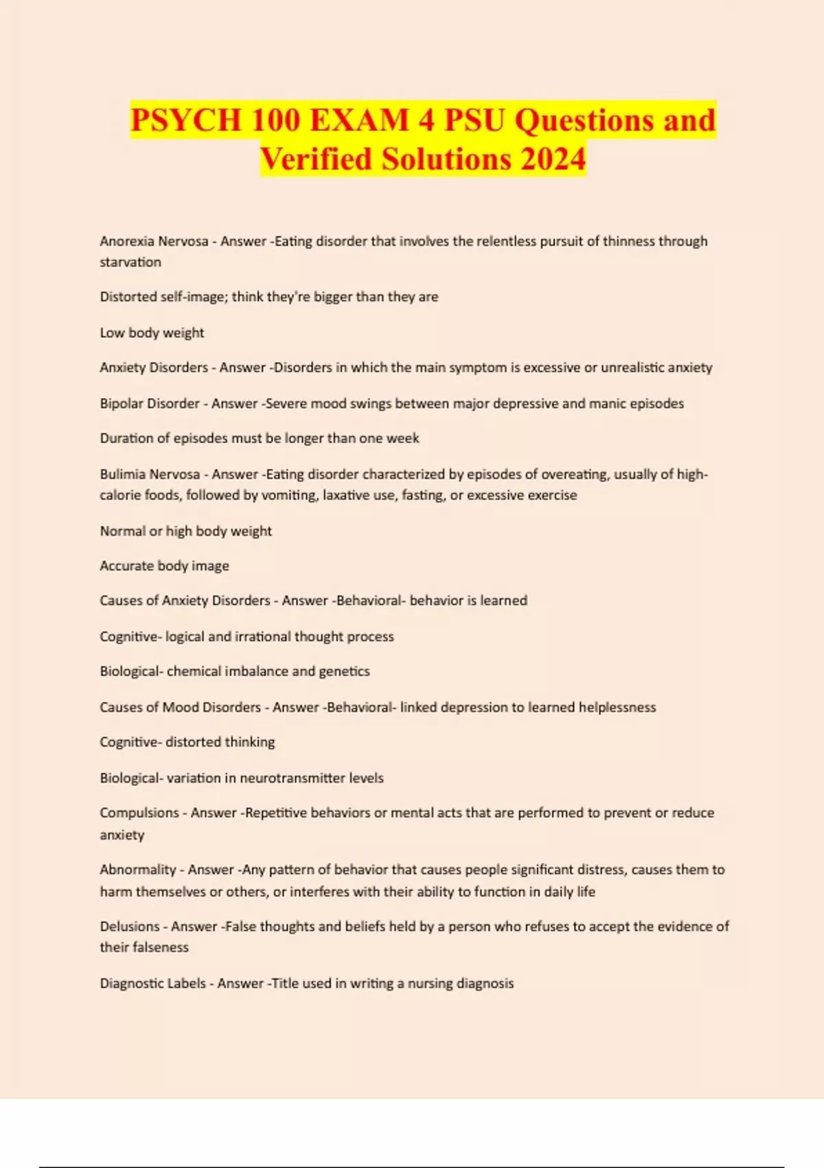 PSYCH 100 EXAM 4 PSU Questions and Verified Solutions 2024 - PSYCH 100 - Stuvia US