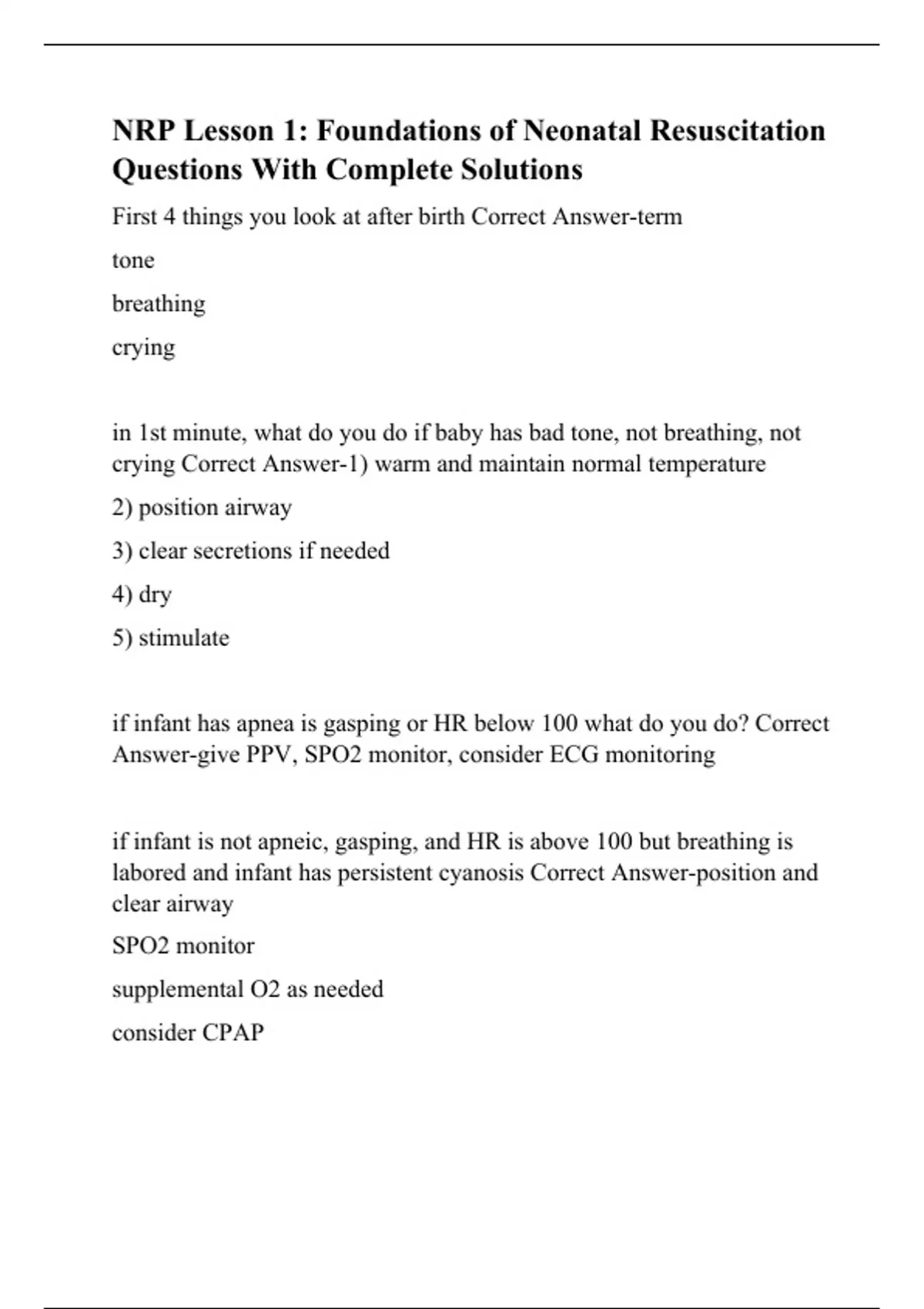 NRP Lesson 1: Foundations of Neonatal Resuscitation Questions With Complete Solutions - Neonatal ...