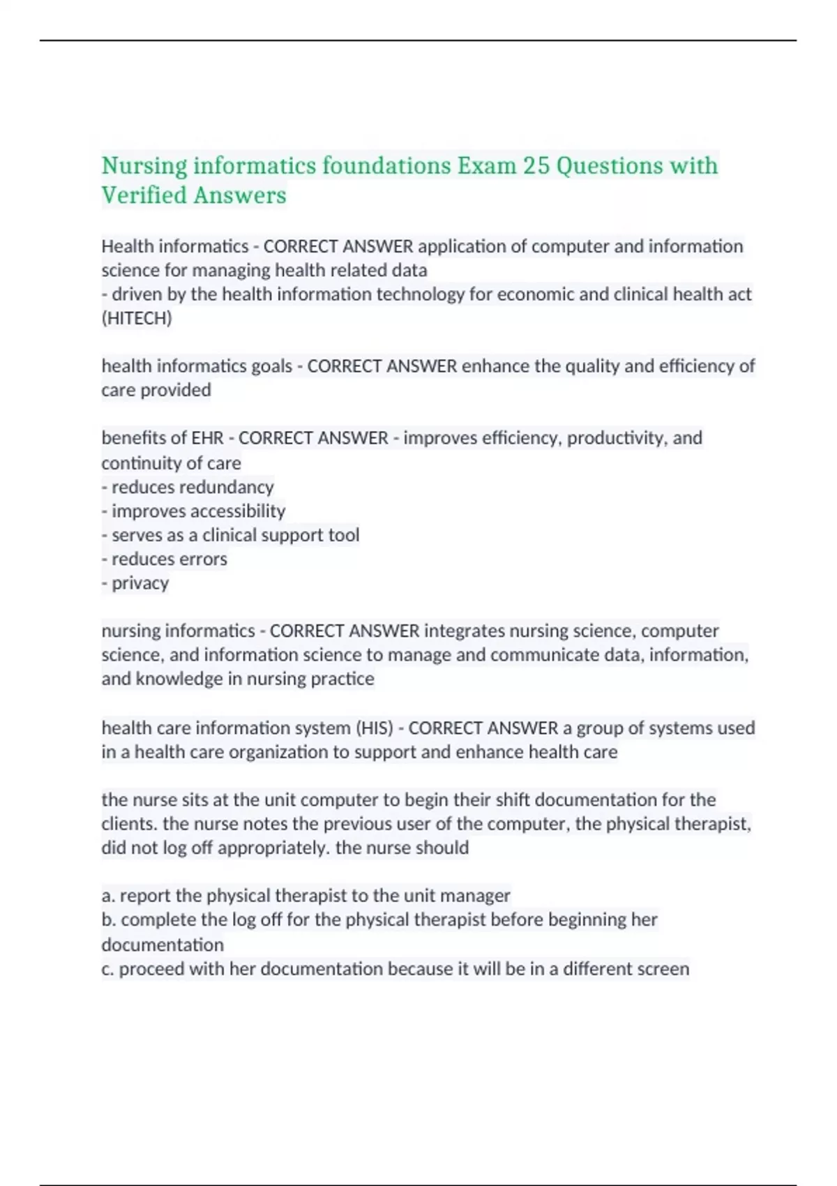 Nursing informatics foundations Exam 25 Questions with Verified Answers ...