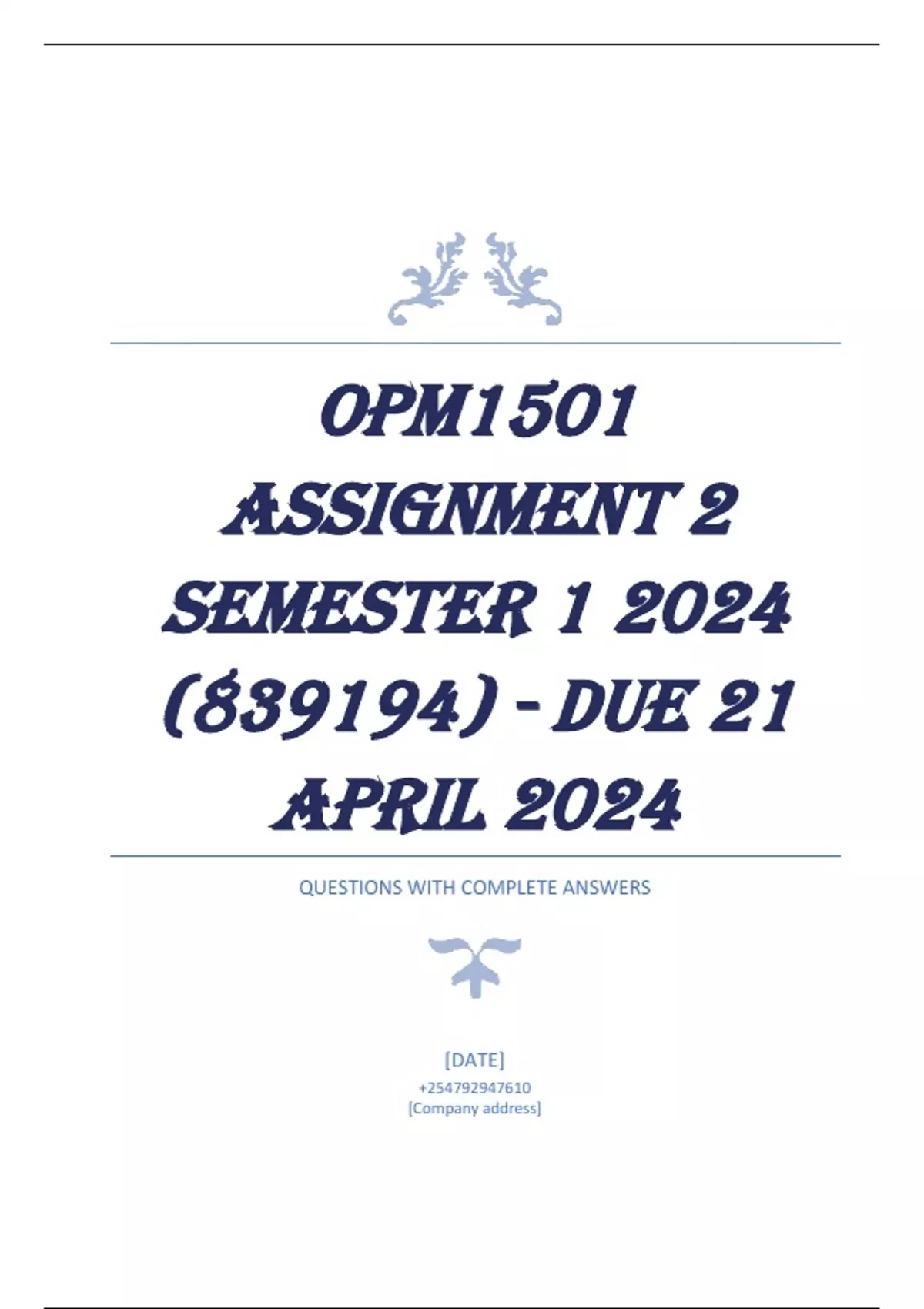 OPM1501 Assignment 2 Semester 1 2024 (839194) - DUE 21 April 2024 - OPM1501 (OPM1501) - Stuvia SA