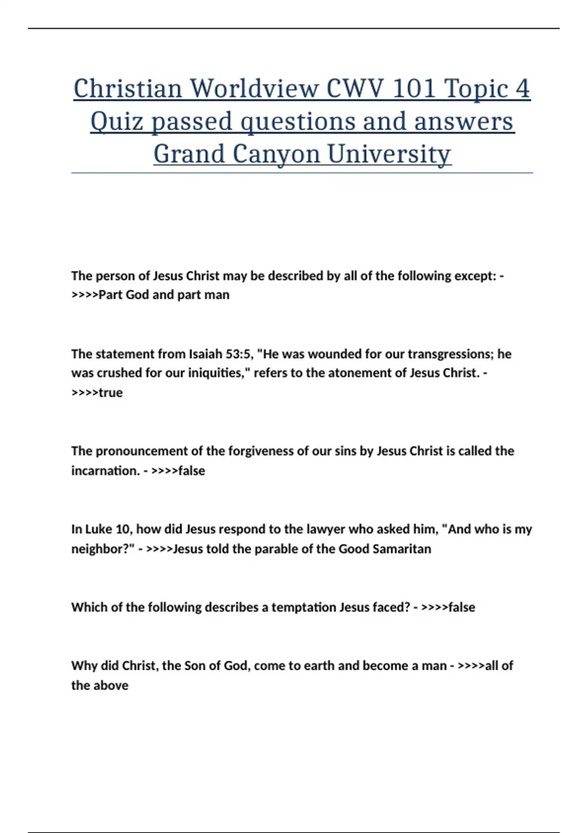 Christian Worldview CWV 101 Topic 4 Quiz passed questions and answers ...