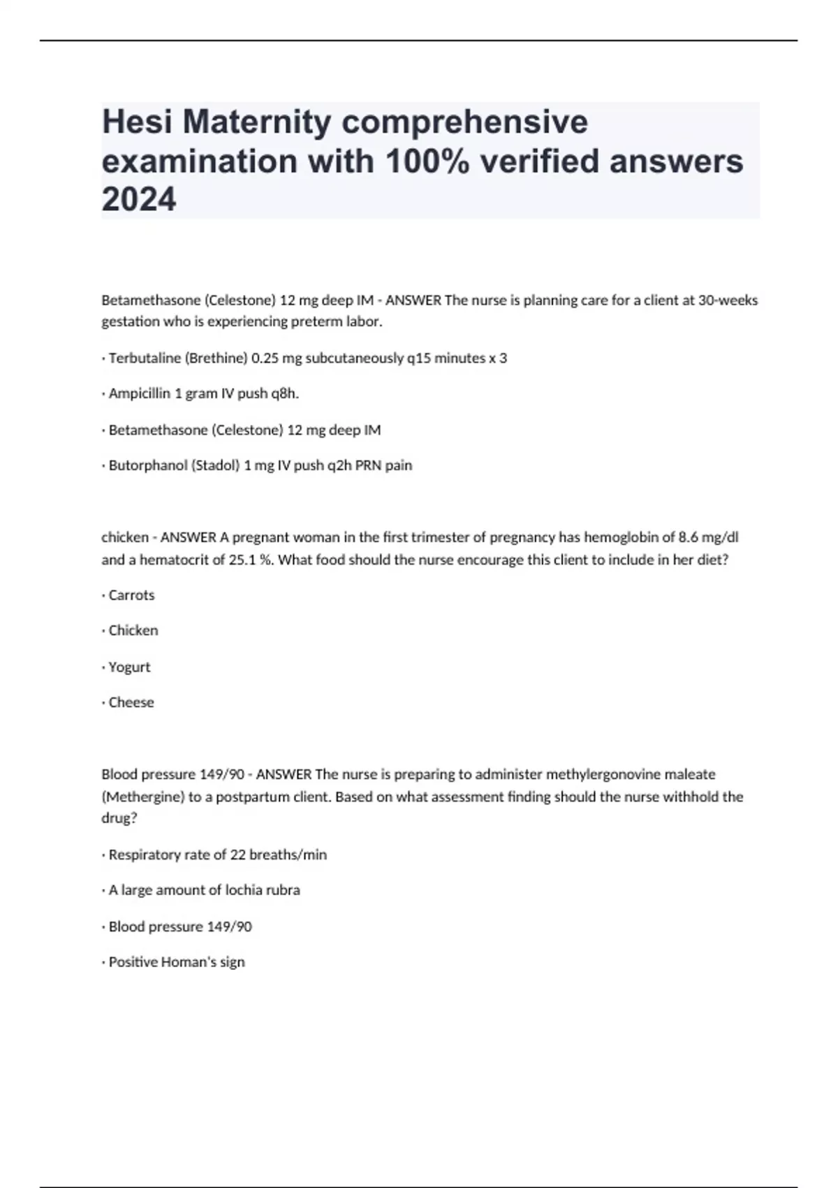 Hesi Maternity comprehensive examination with 100% verified answers ...