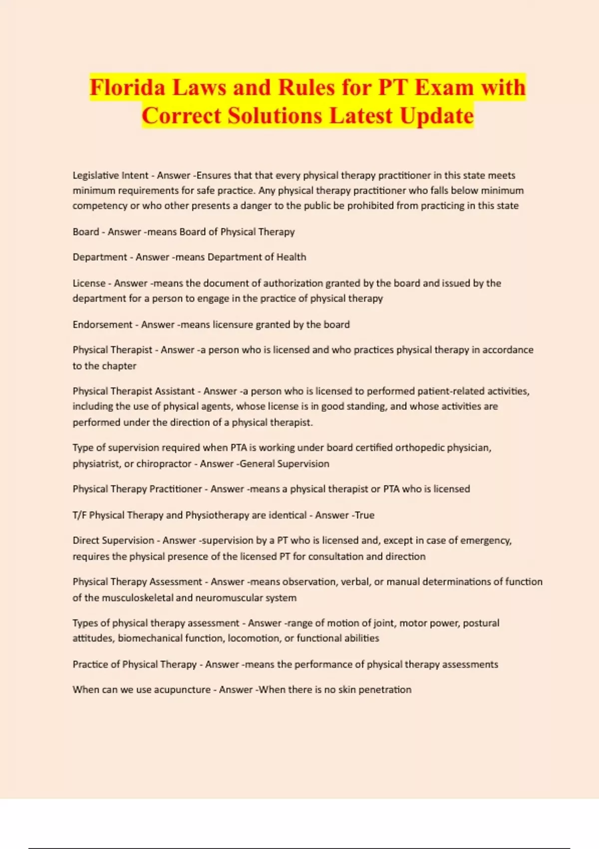 Florida Laws and Rules for PT Exam with Correct Solutions Latest Update ...