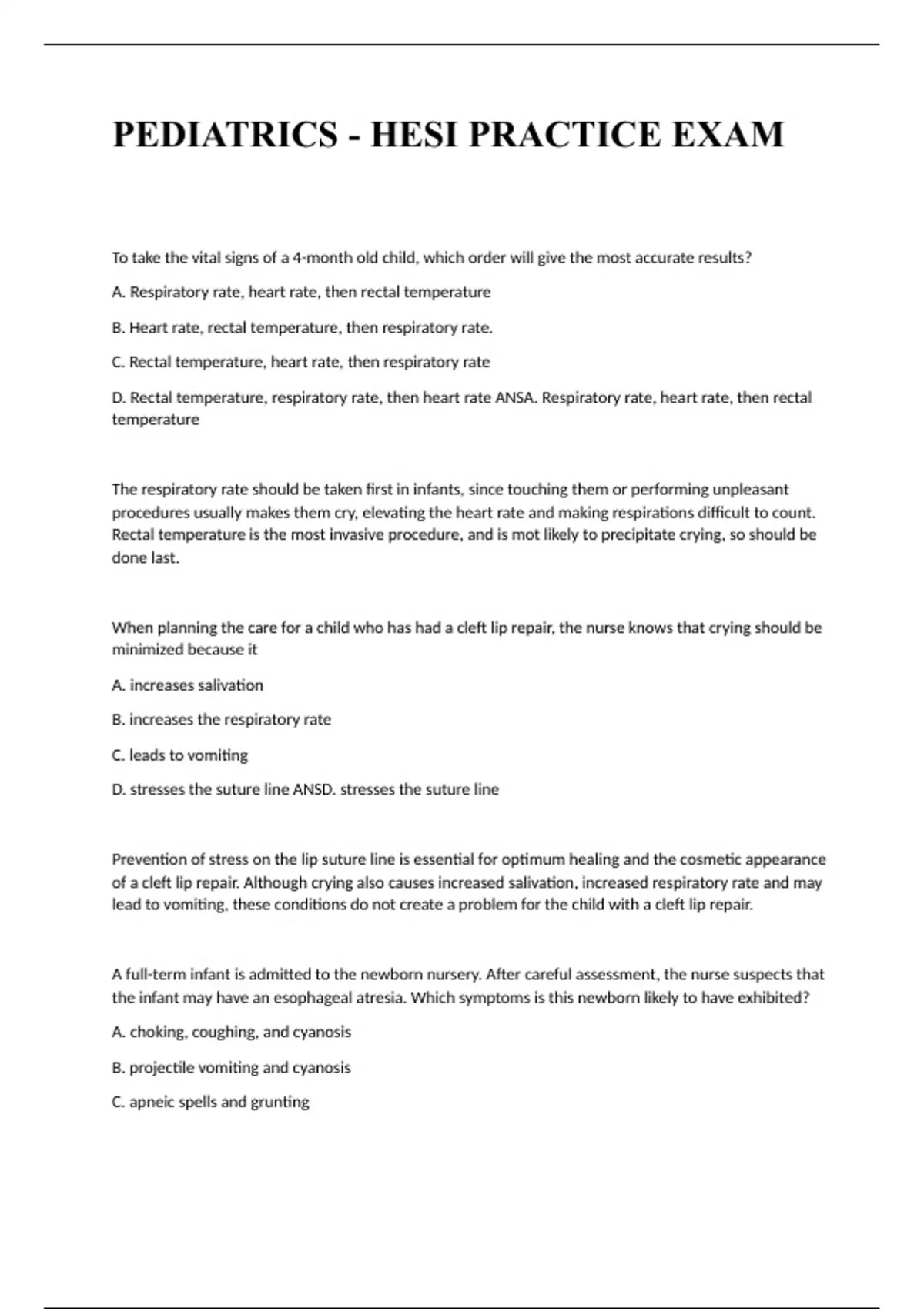 PEDIATRICS - HESI PRACTICE EXAM QUESTIONS AND ANSWERS 2024 LATEST ...