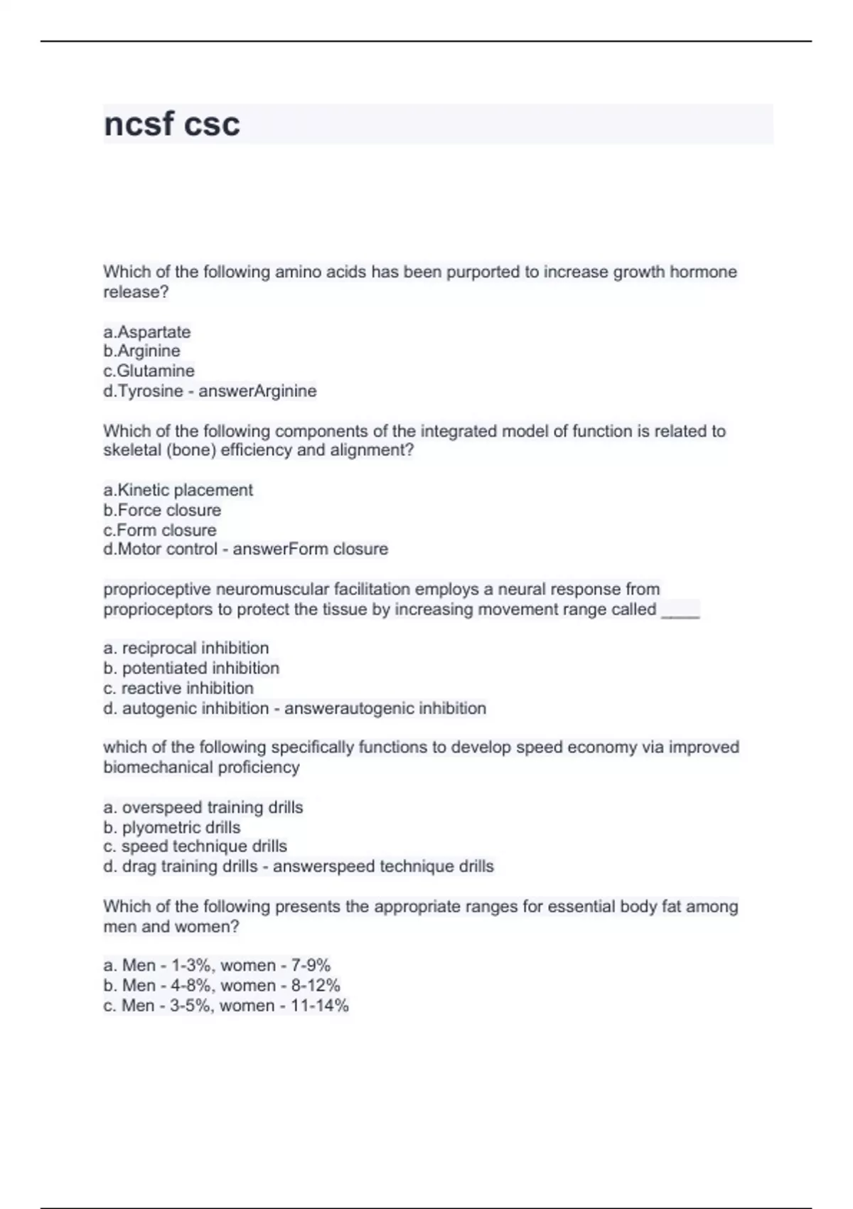 ncsf csc questions with correct Answers 2024 - Ncsf - Stuvia US