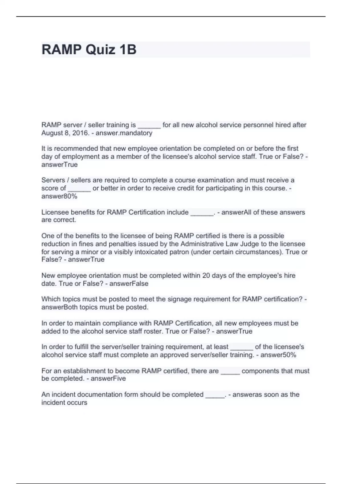 RAMP Quiz 1B Questions with solutions 2024 - Ramp - Stuvia US