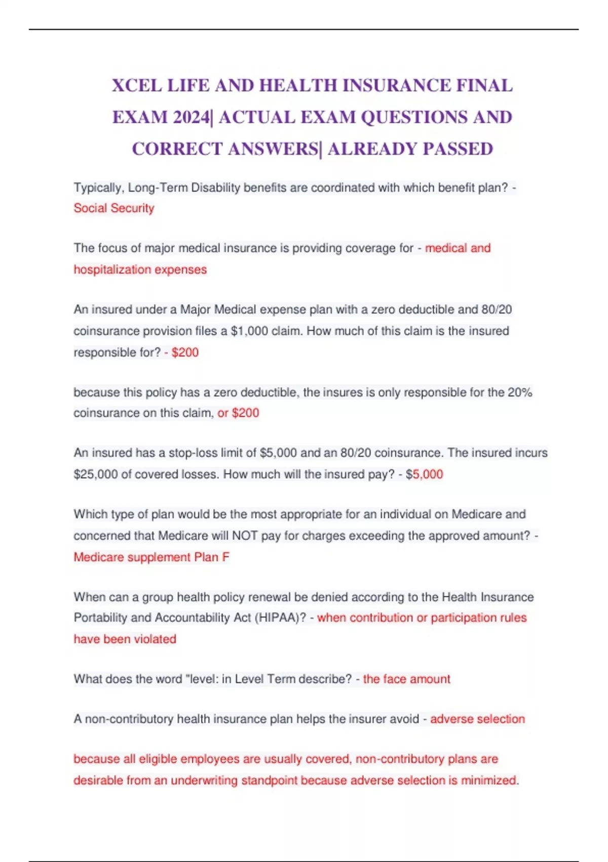 XCEL LIFE AND HEALTH INSURANCE FINAL EXAM 2024| ACTUAL EXAM QUESTIONS ...