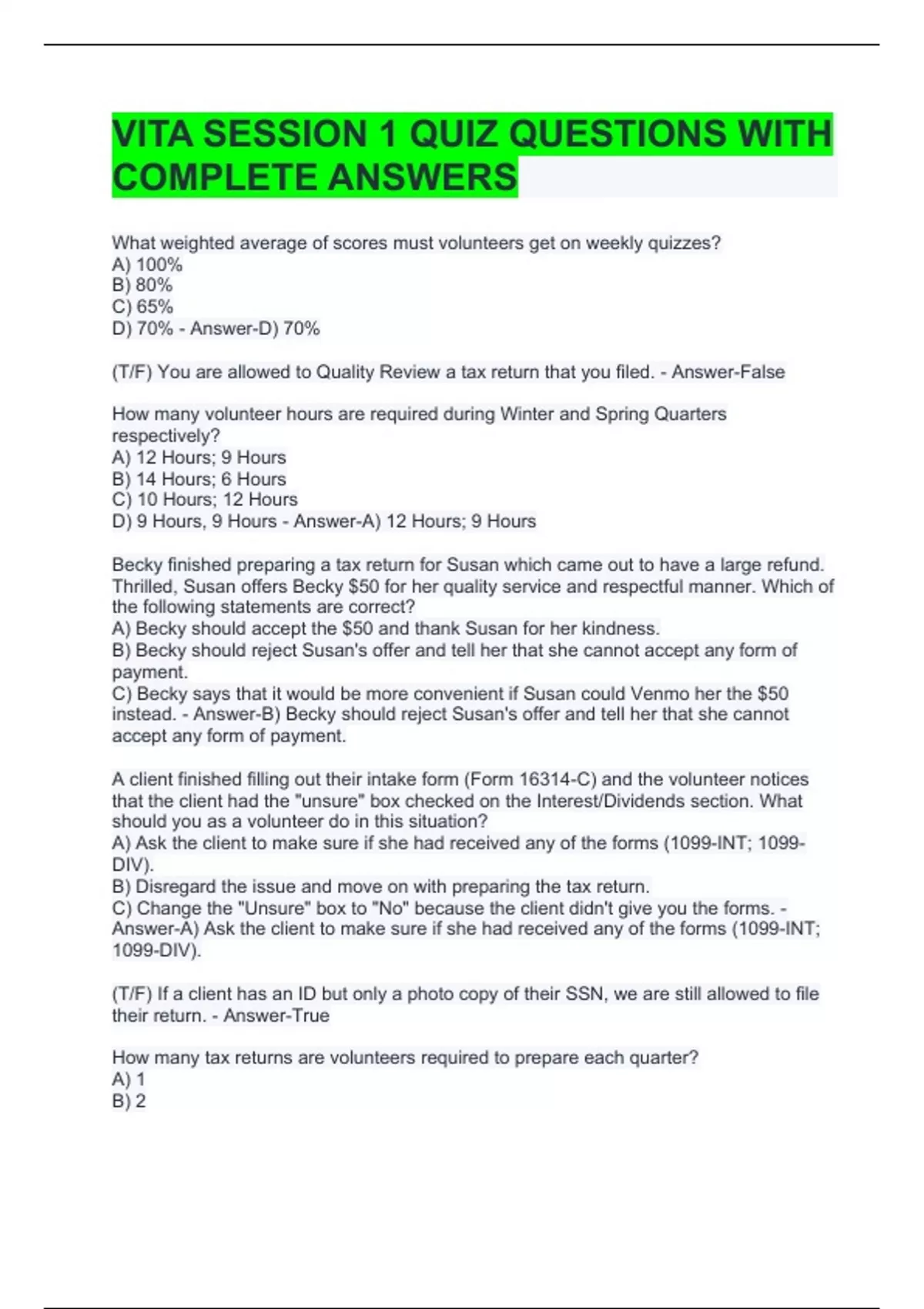 VITA SESSION 1 QUIZ QUESTIONS WITH COMPLETE ANSWERS - VITA - Stuvia US