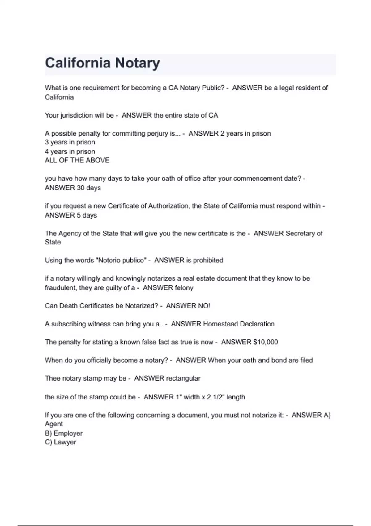 California Notary Exam Questions with correct Answers Latest 2024/2025 ...