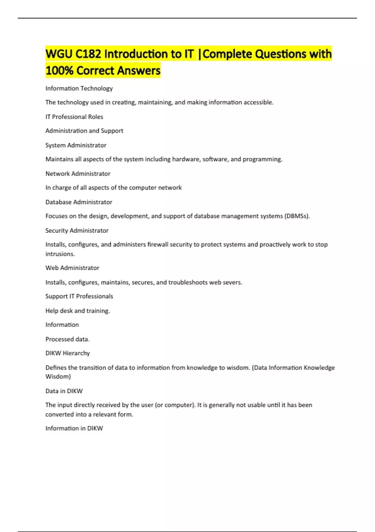 WGU C182 Introduction to IT |Complete Questions with 100% Correct ...