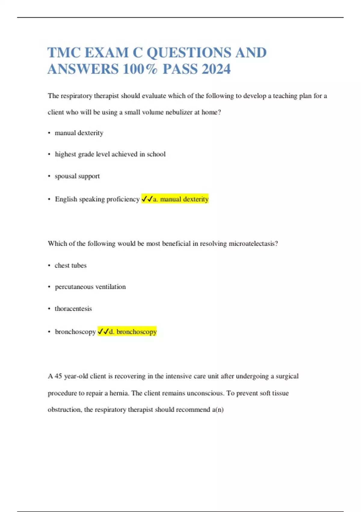 TMC EXAM C QUESTIONS AND ANSWERS 100% PASS 2024 - TMC - Stuvia US