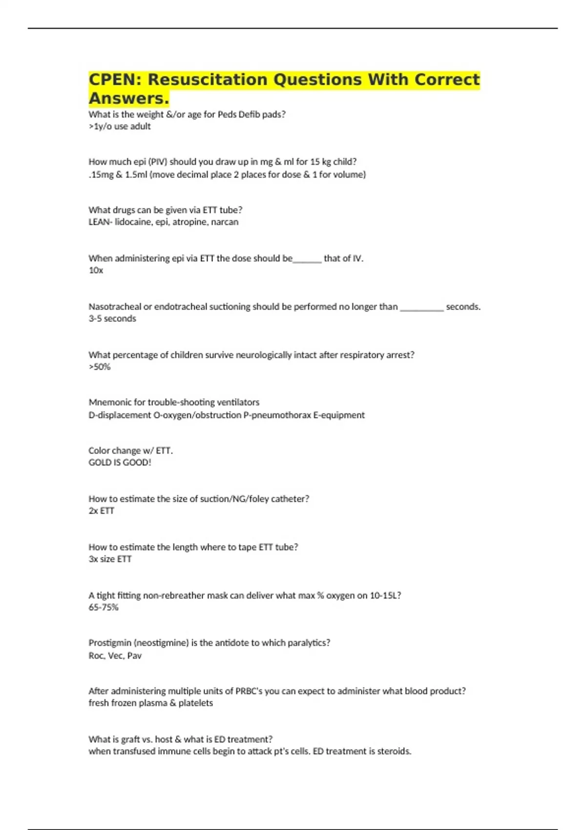 CPEN: Resuscitation Questions With Correct Answers. - CPEN - Stuvia US
