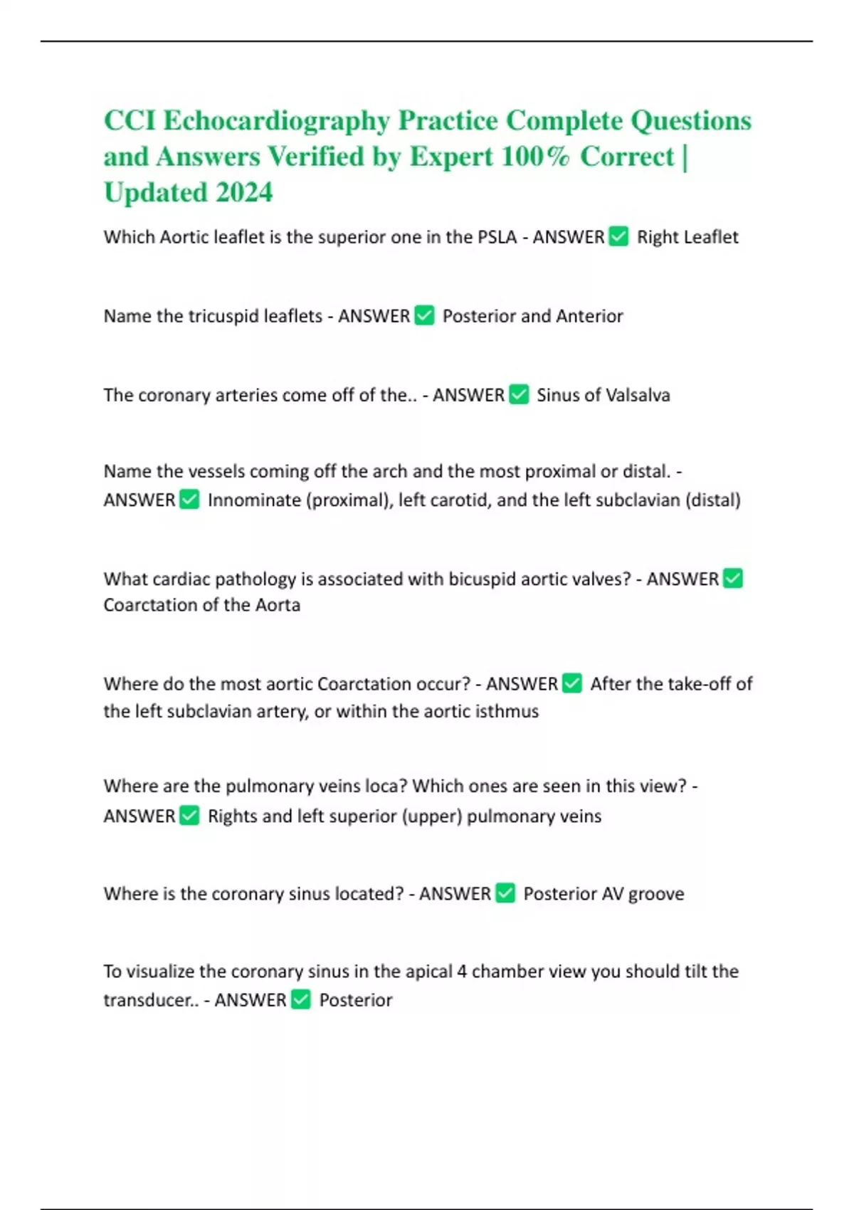 CCI Echocardiography Practice Complete Questions and Answers Verified ...