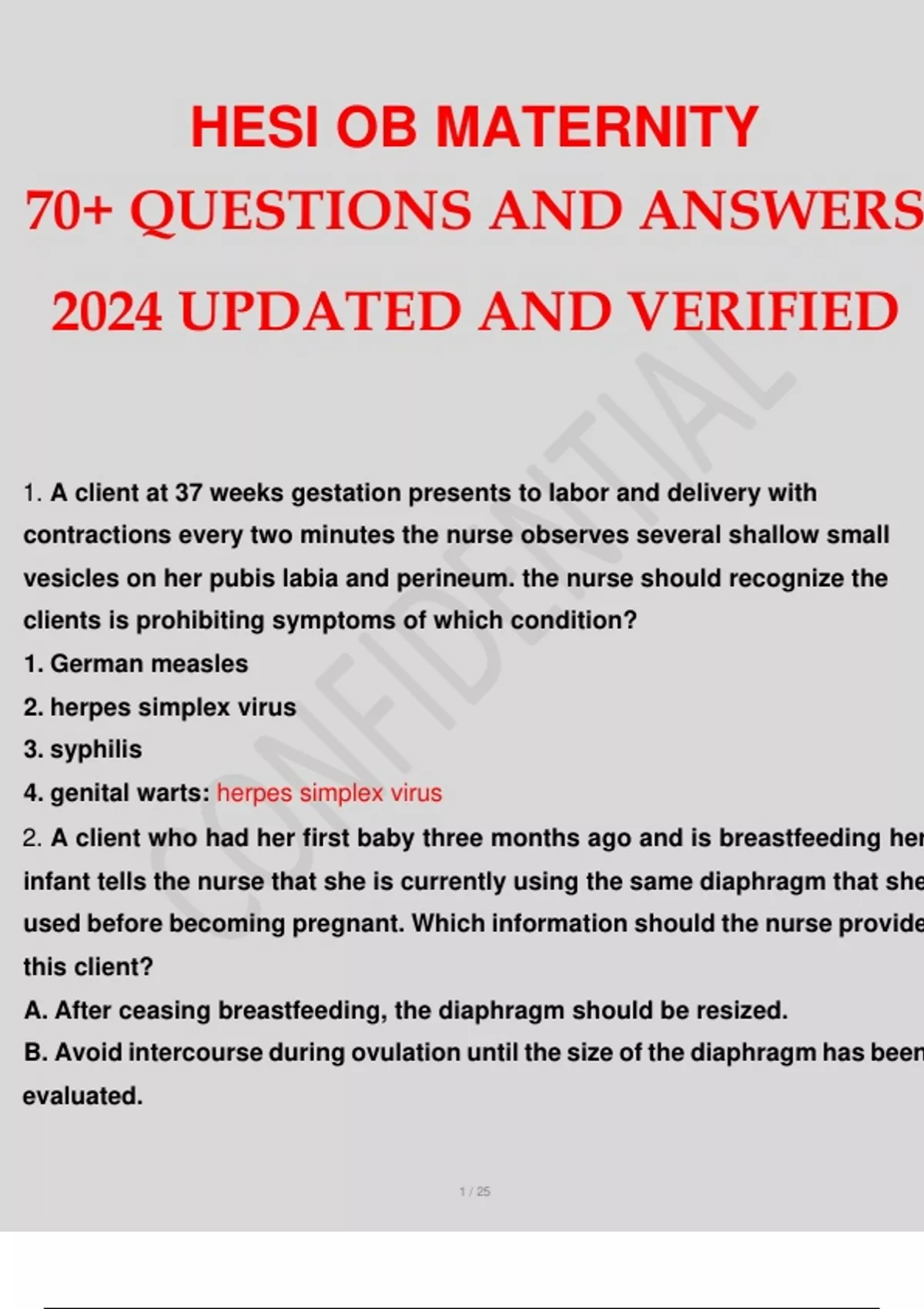 HESI OB MATERNITY 70+ VERIFIED QUESTIONS AND ANSWERS 2024 UPDATED ...