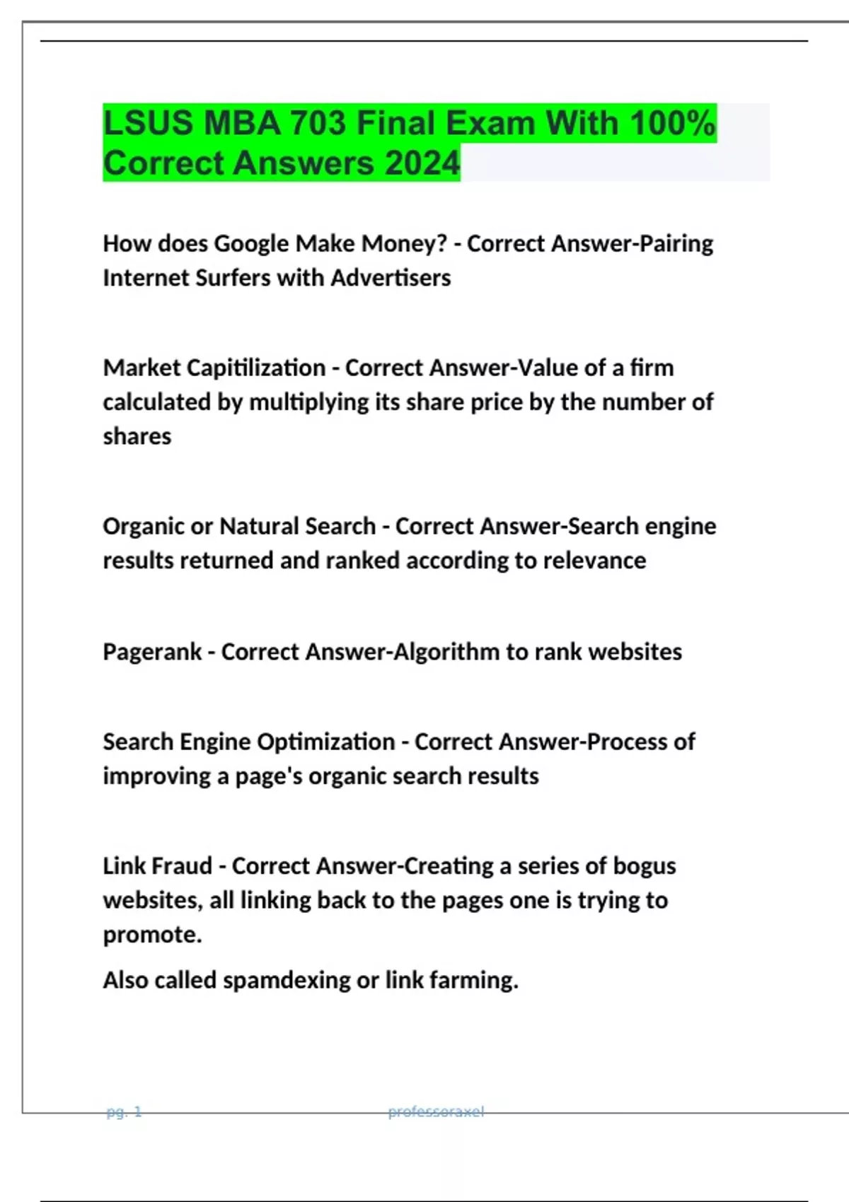 LSUS MBA 703 Final Exam With 100% Correct Answers 2024 - LSUS - Stuvia US