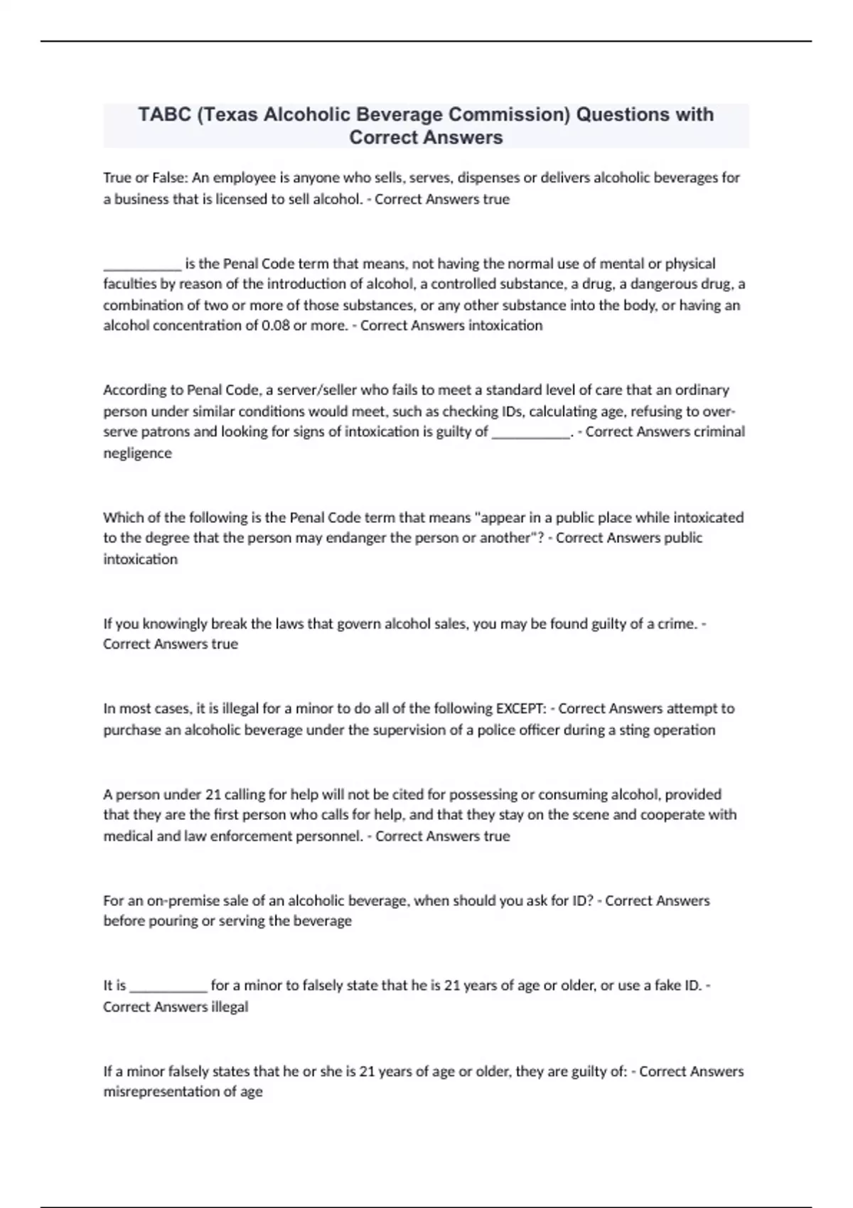 TABC (Texas Alcoholic Beverage Commission) Questions with Correct ...