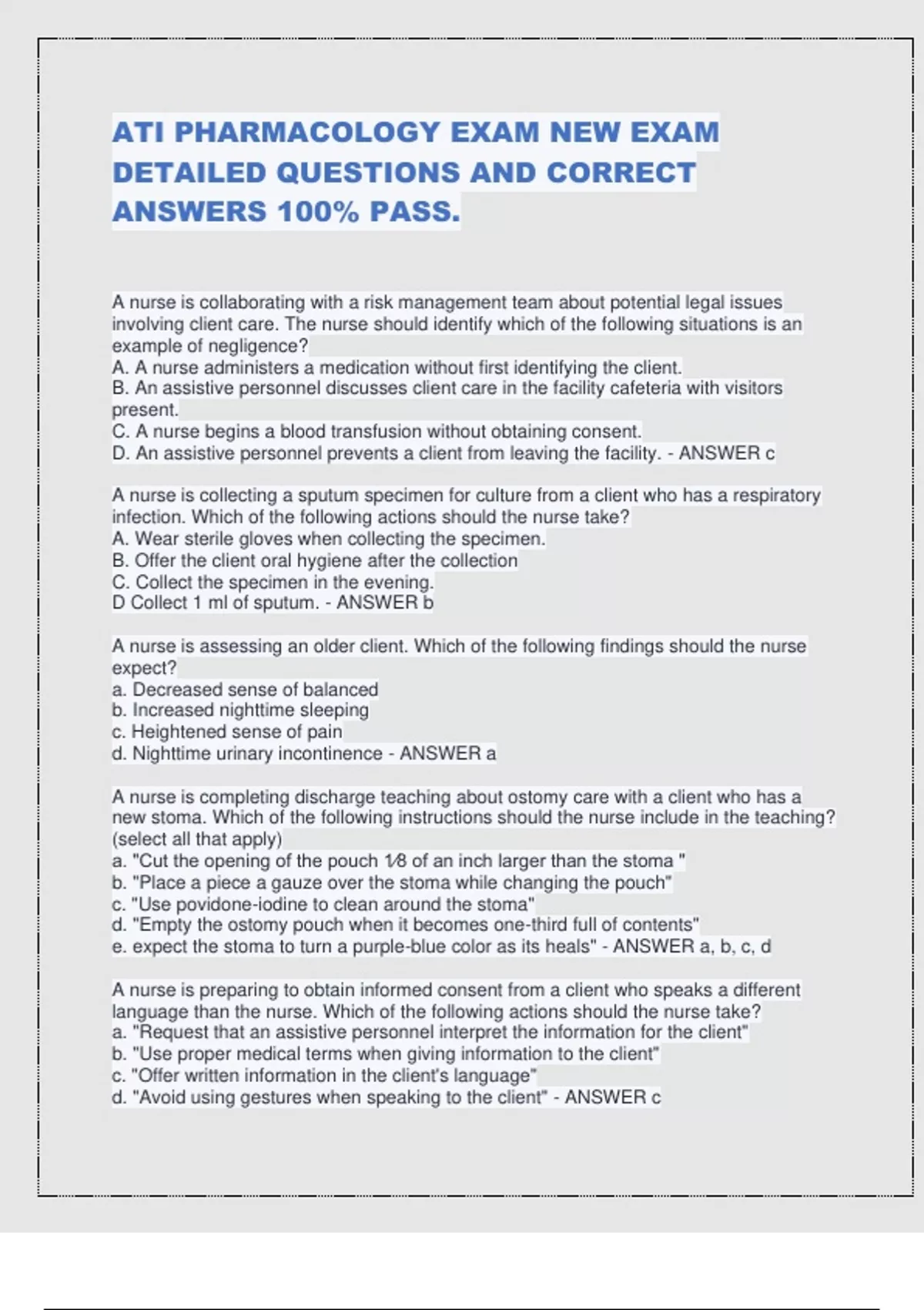 ATI PHARMACOLOGY EXAM NEW EXAM DETAILED QUESTIONS AND CORRECT ANSWERS ...