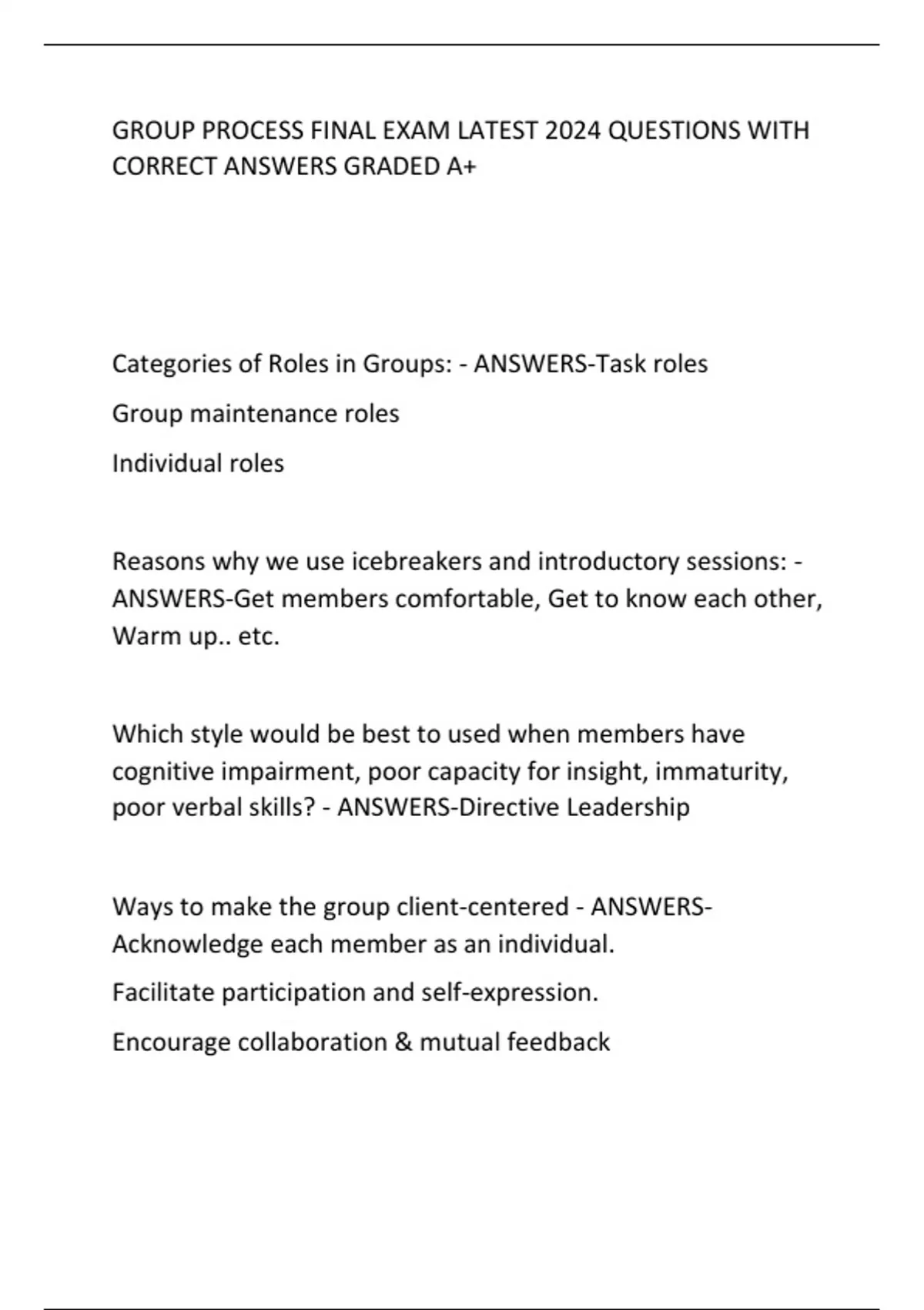 GROUP PROCESS FINAL EXAM LATEST 2024 QUESTIONS WITH CORRECT ANSWERS ...