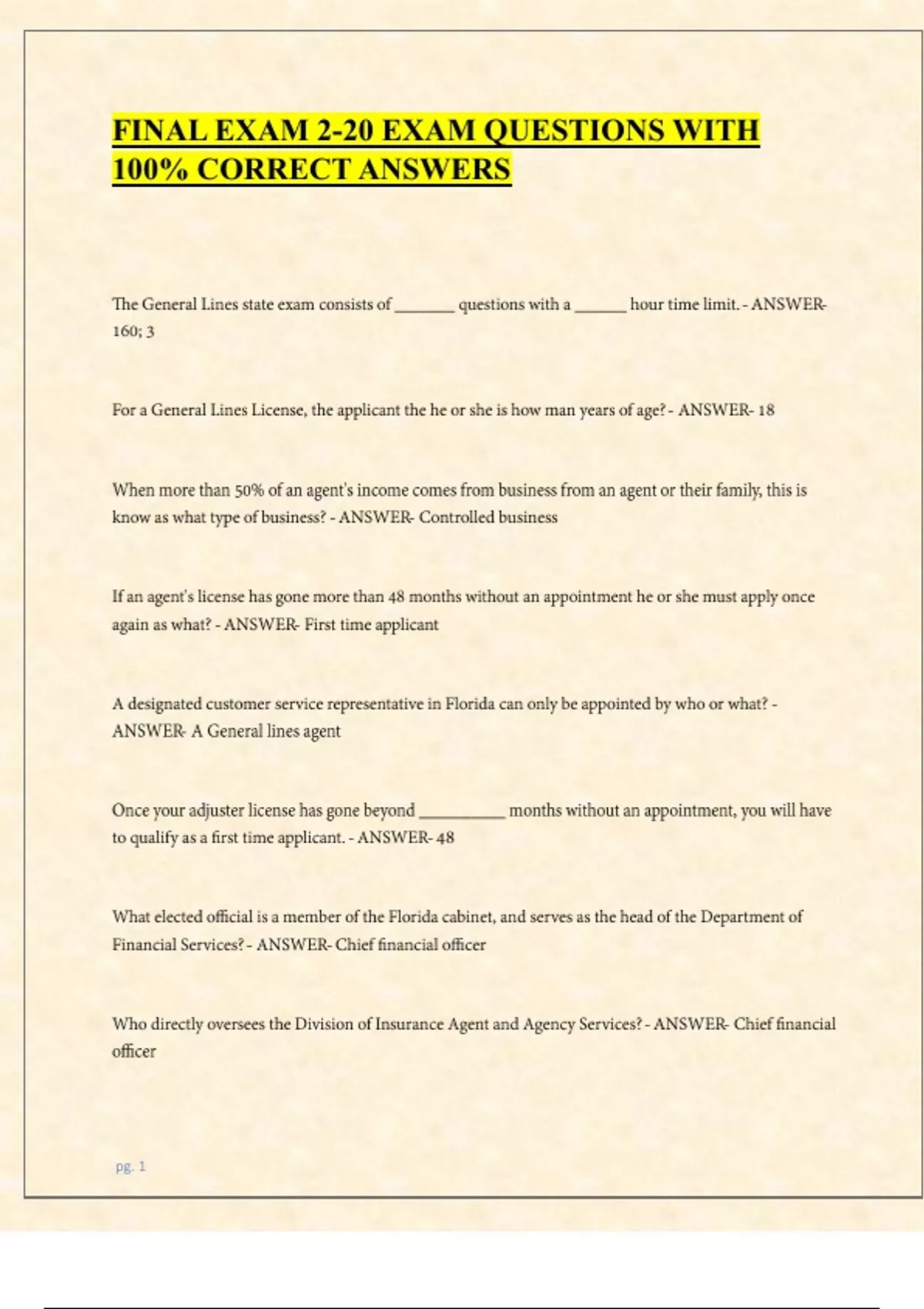 FINAL EXAM GENERAL LINES 2-20 QUESTIONS WITH 100% CORRECT ANSWERS ...