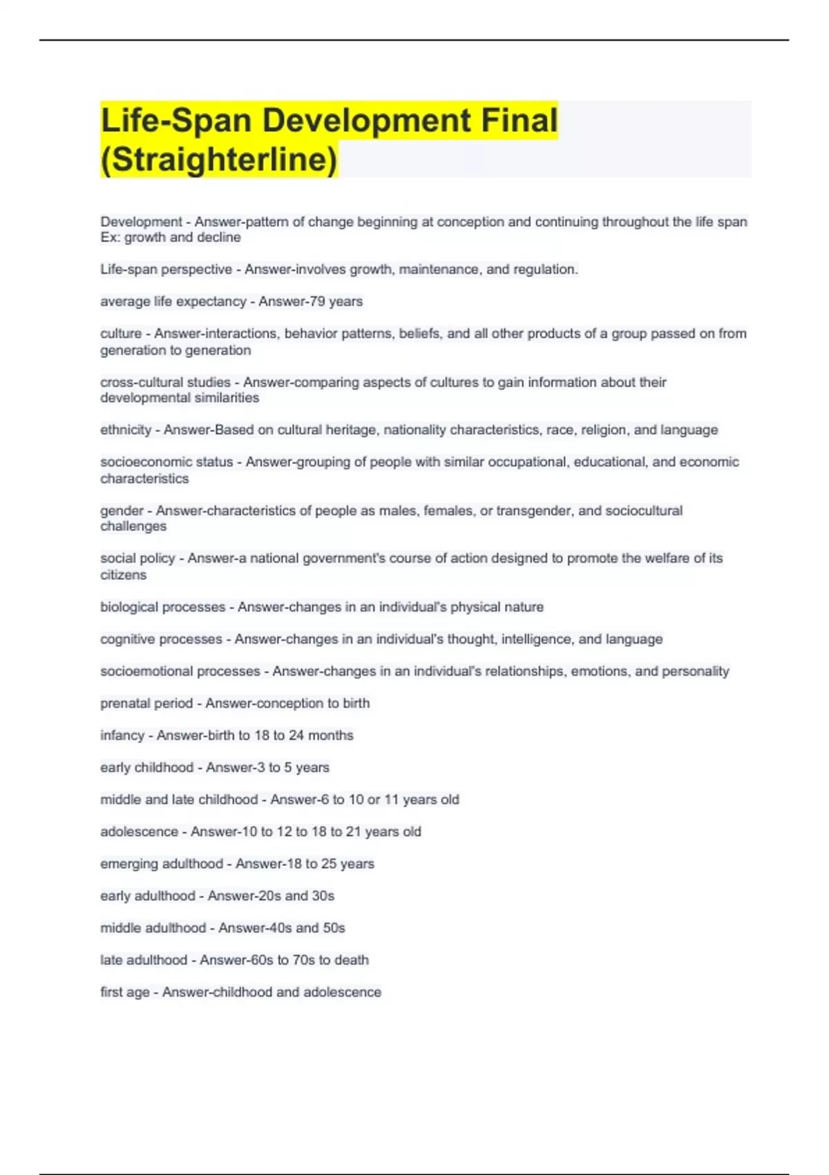 Life-Span Development Final (Straighterline) Questions and Answers ...