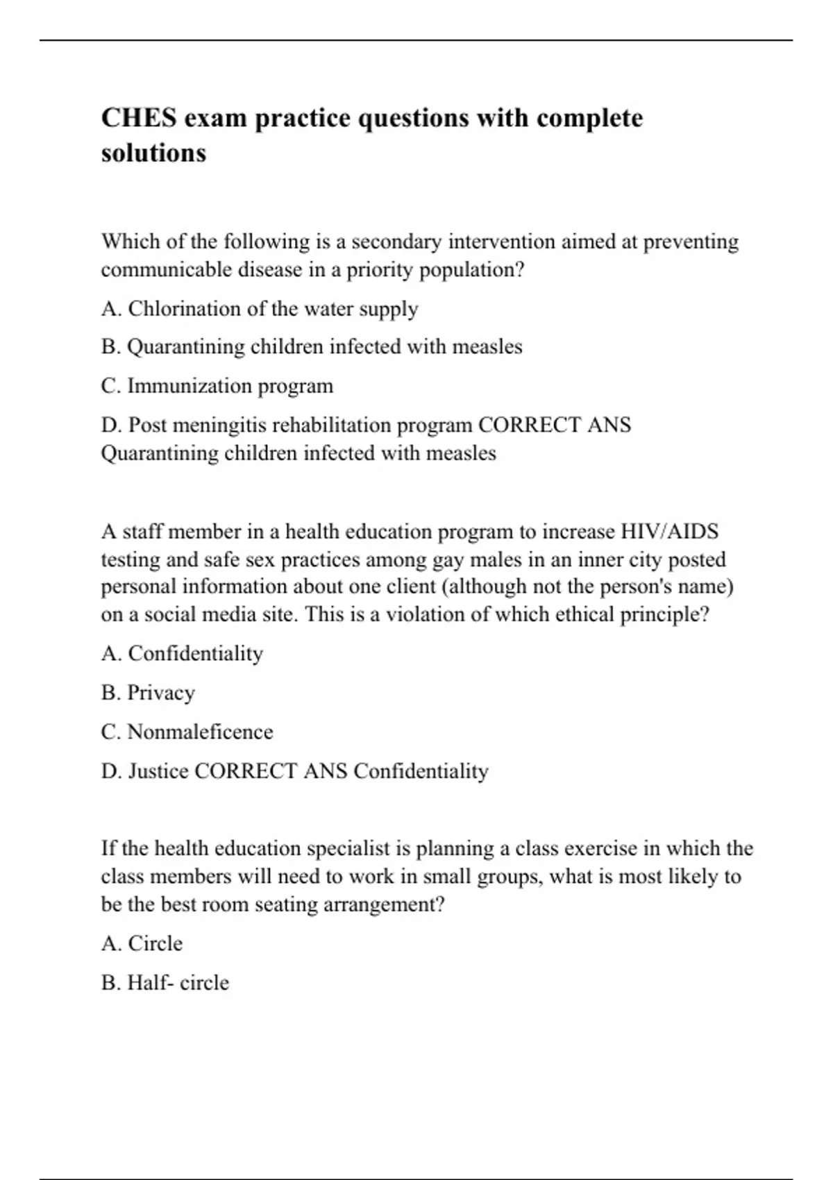 CHES exam practice questions with complete solutions - Nursing - Stuvia US