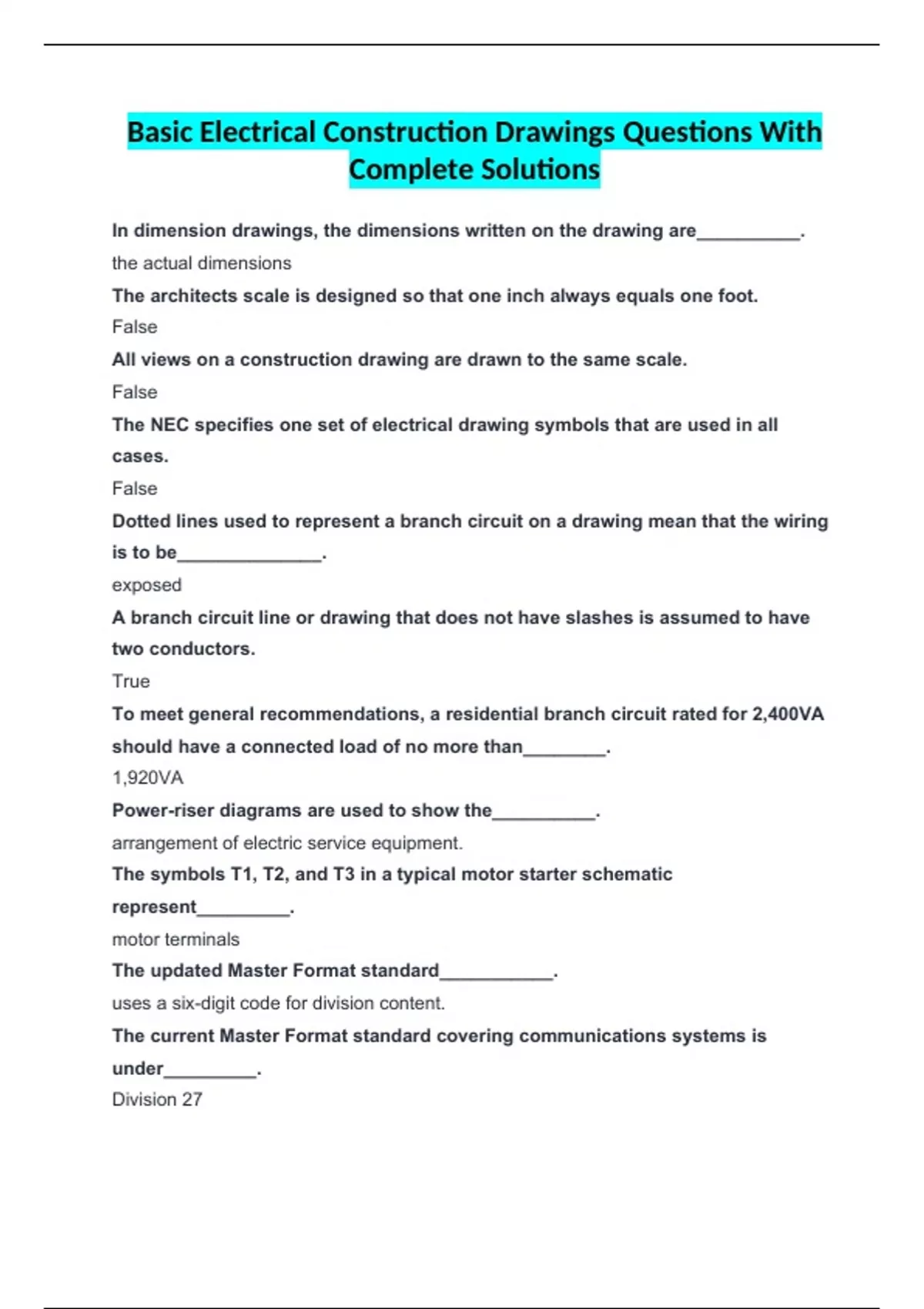 Basic Electrical Construction Drawings Questions With Complete ...