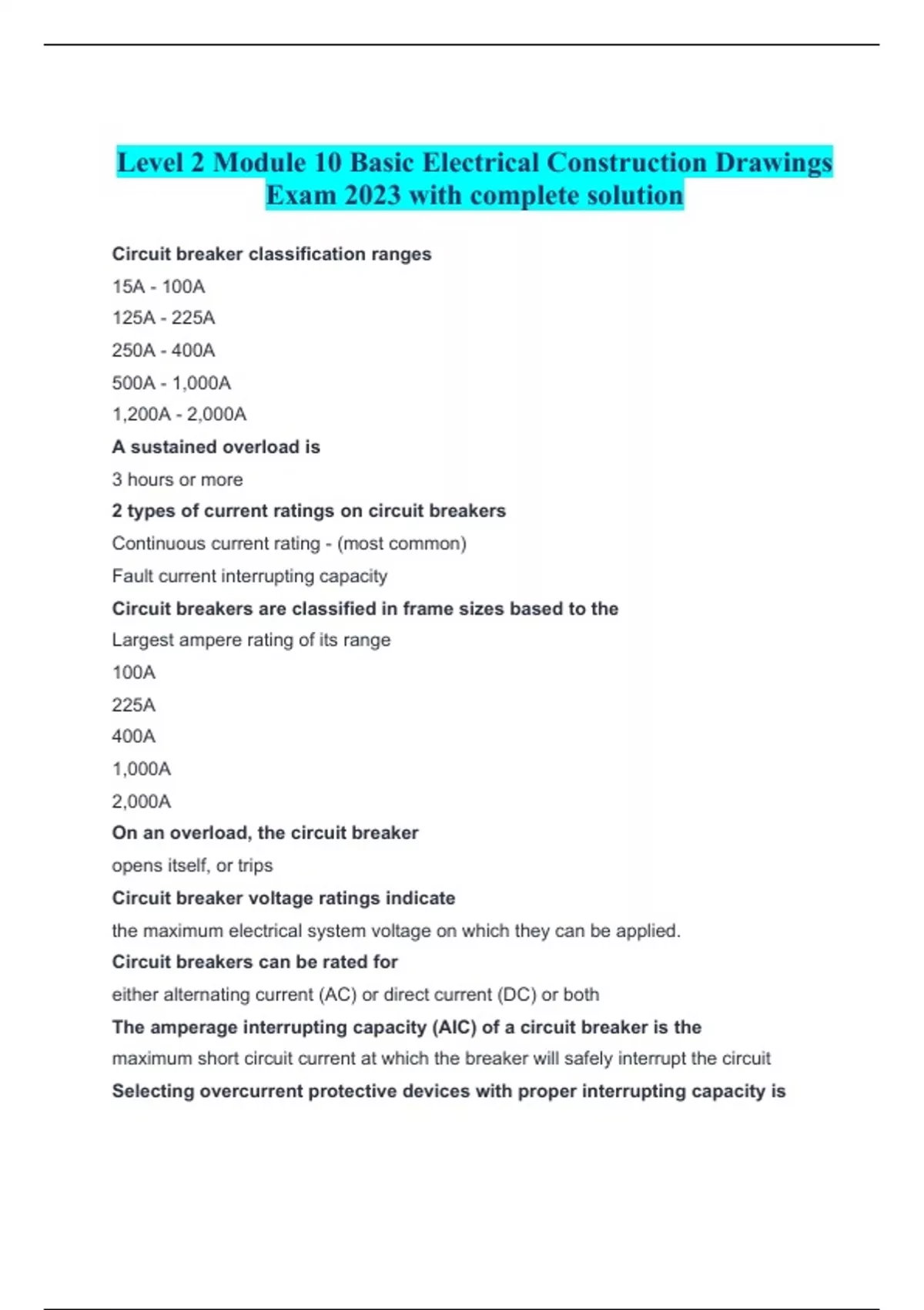 Level 2 Module 10 Basic Electrical Construction Drawings Exam 2023 with complete solution ...
