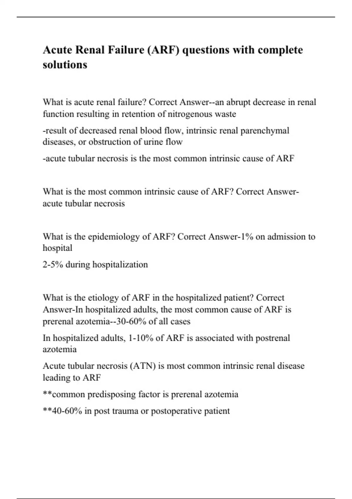 Acute Renal Failure (ARF) questions with complete solutions - Arf ...