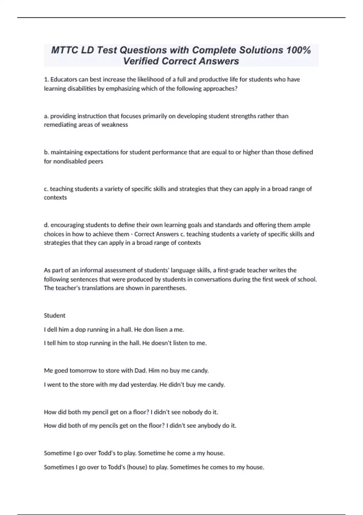 MTTC LD Test Questions with Complete Solutions 100% Verified Correct ...