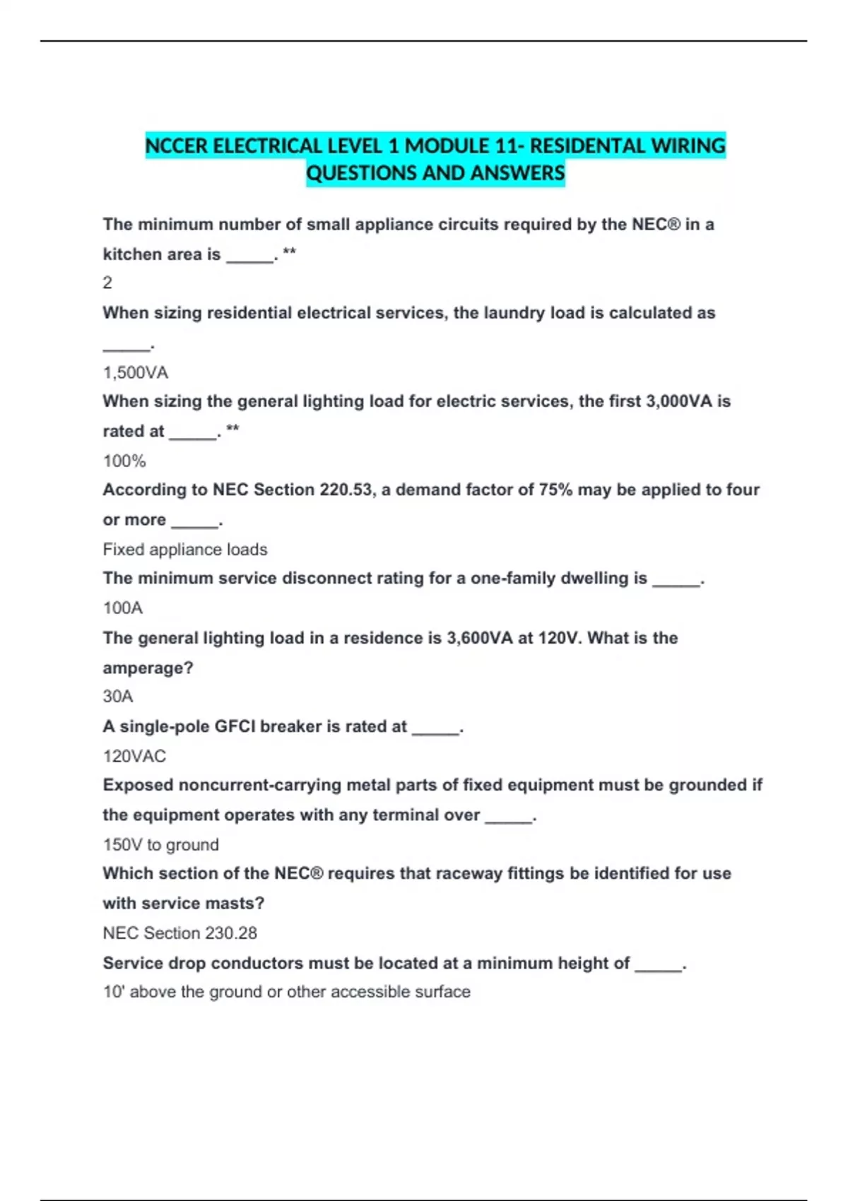 NCCER Electrical Level 1 – Module 11: Residential Wiring Questions and Answers (2025/2026 ...