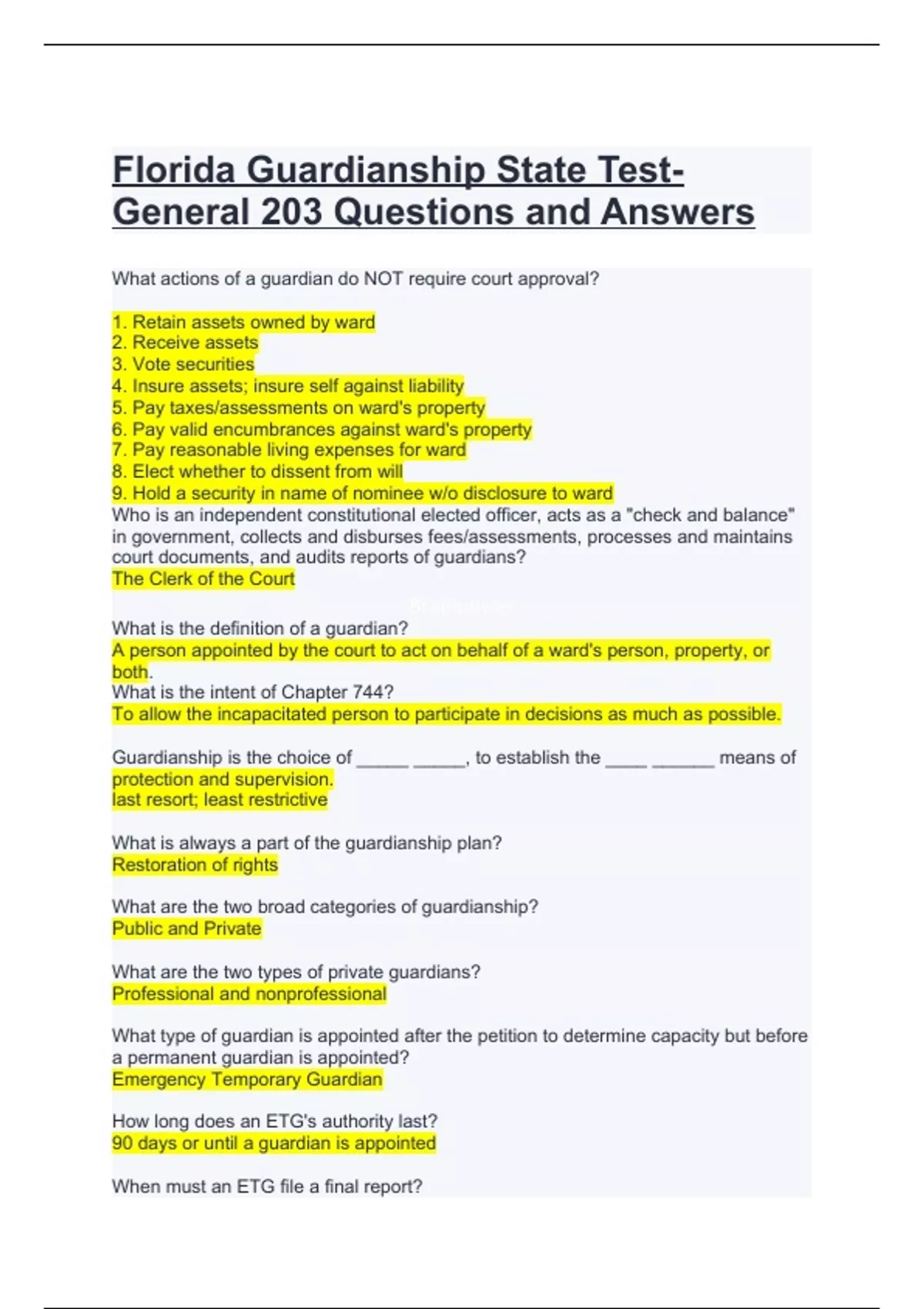 Florida Guardianship State Test-General 203 Questions and Answers ...