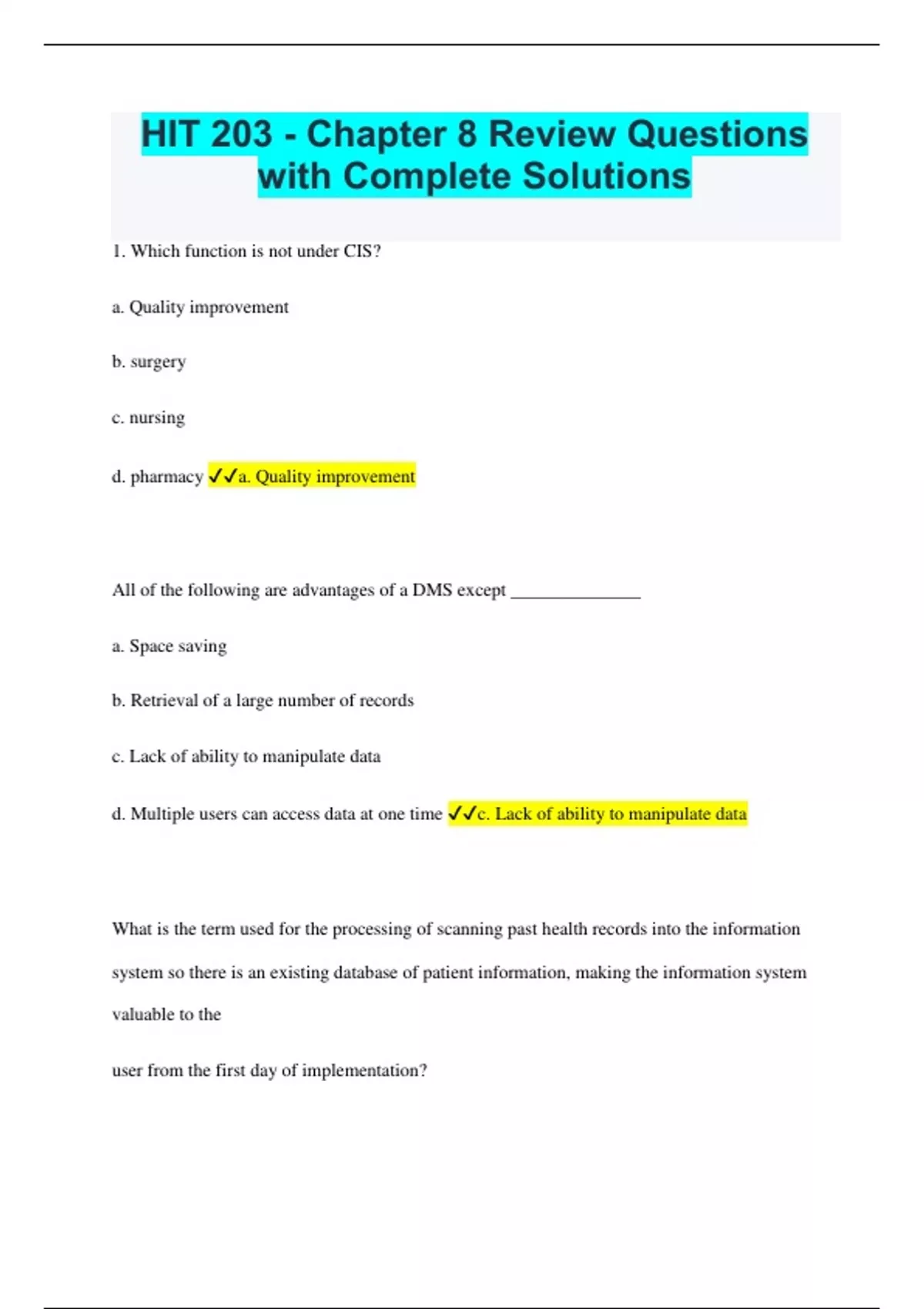 HIT 203 - Chapter 8 Review Questions with Complete Solutions - HIT 203 - - Stuvia US