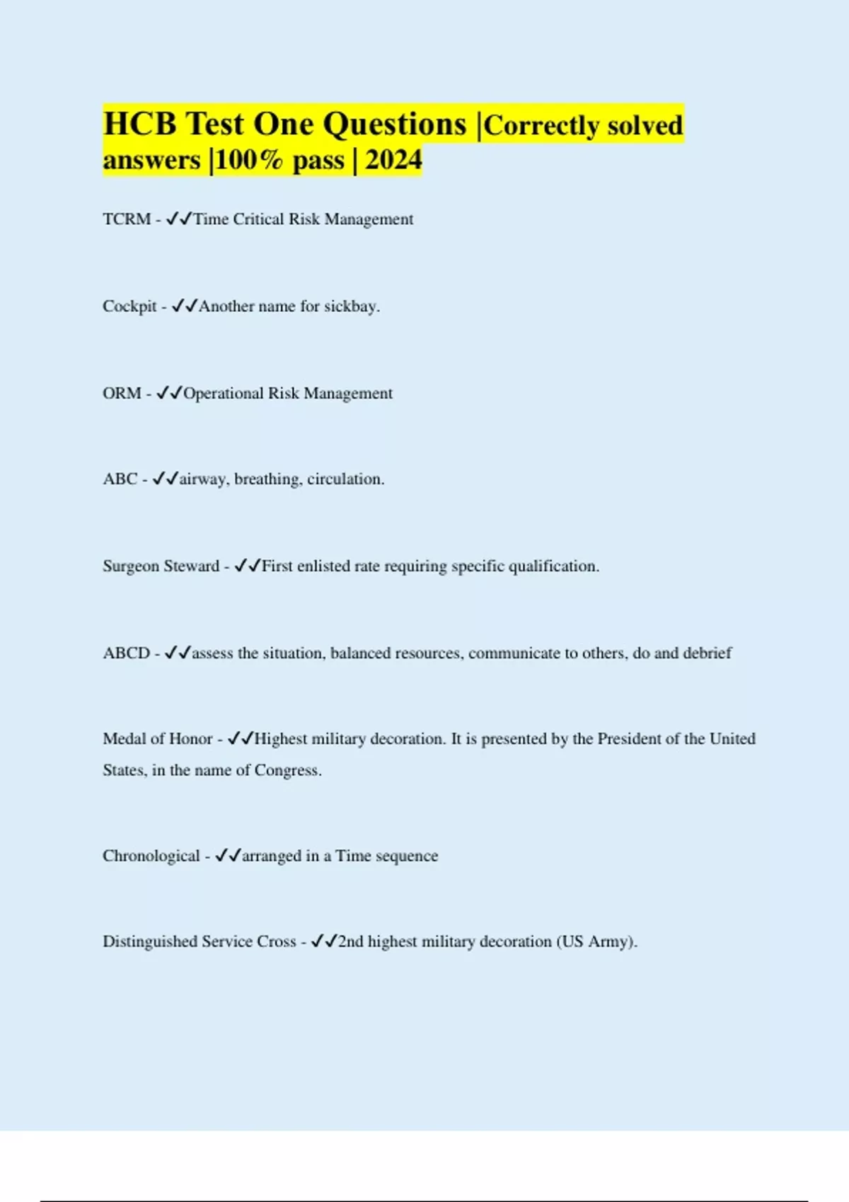 HCB Test One Questions |Correctly solved answers |100% pass | 2024 ...