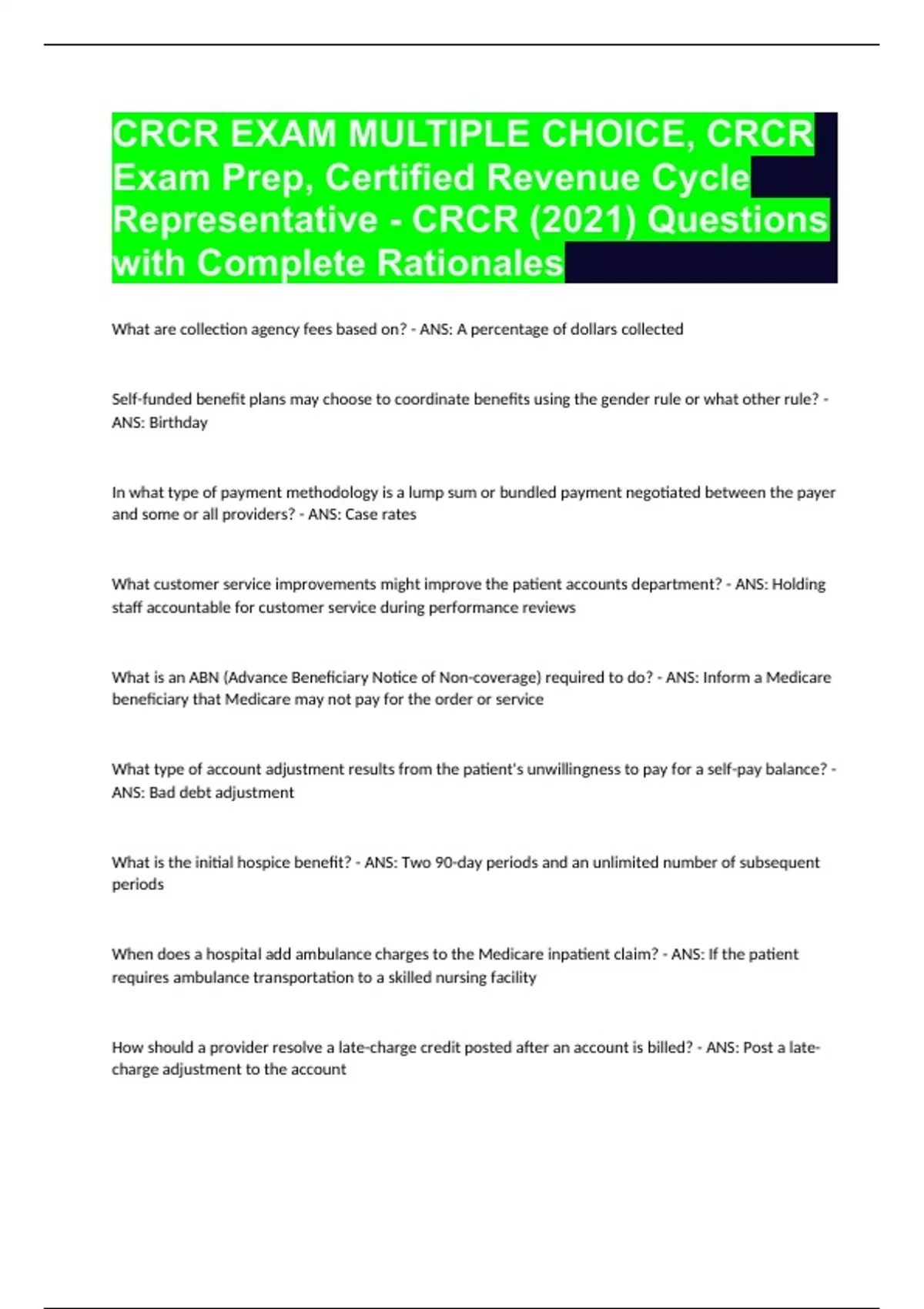 CRCR EXAM MULTIPLE CHOICE, CRCR Exam Prep, Certified Revenue Cycle ...