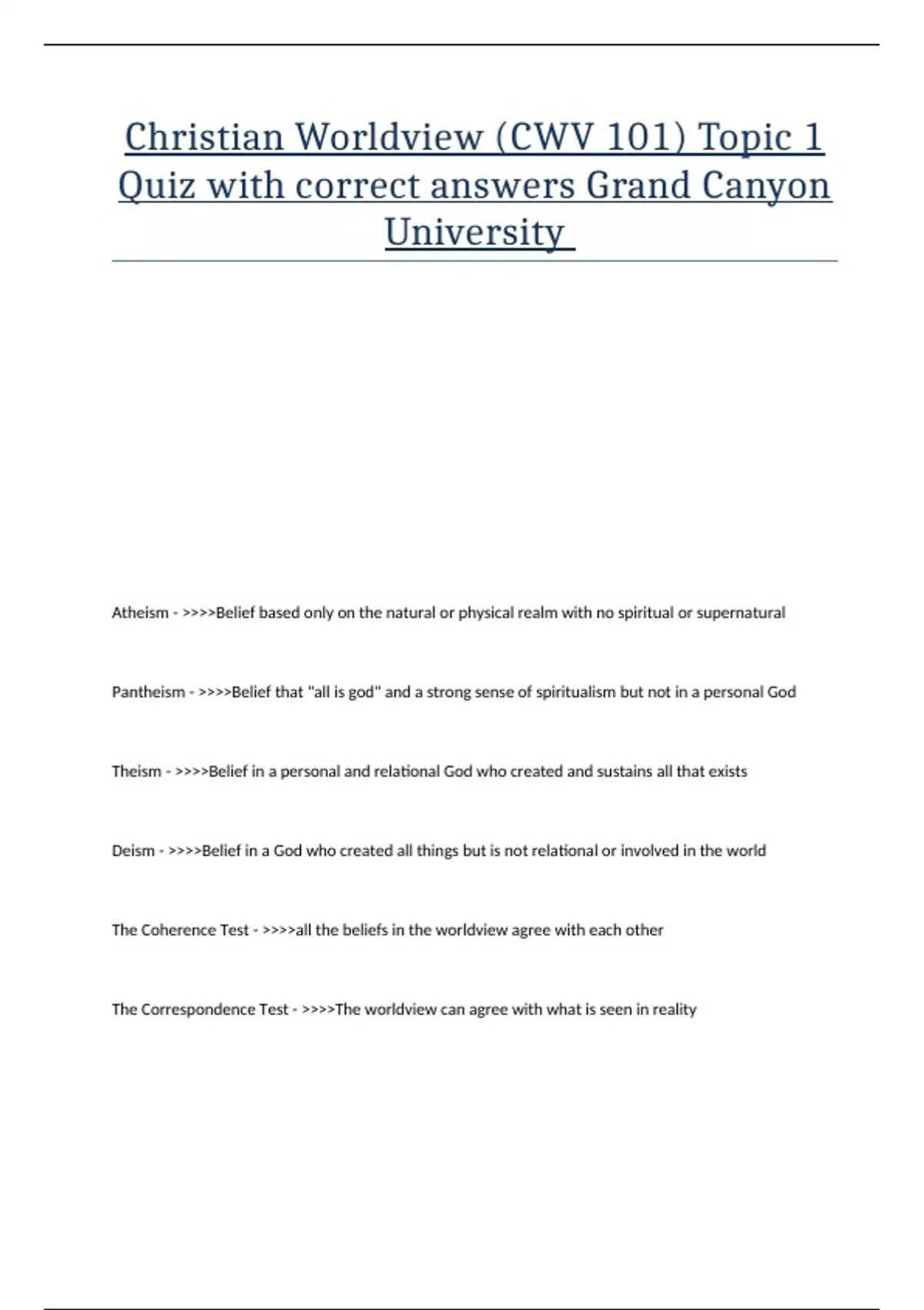 Christian Worldview (CWV 101) Topic 1 Quiz with correct answers Grand ...